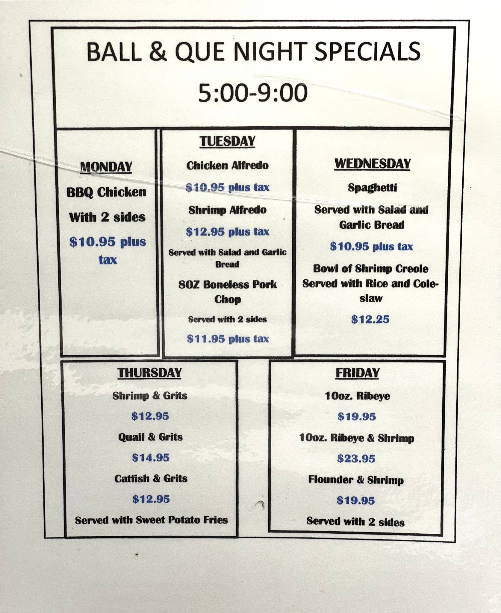 Menu at Ball & Que Restaurant, Georgetown
