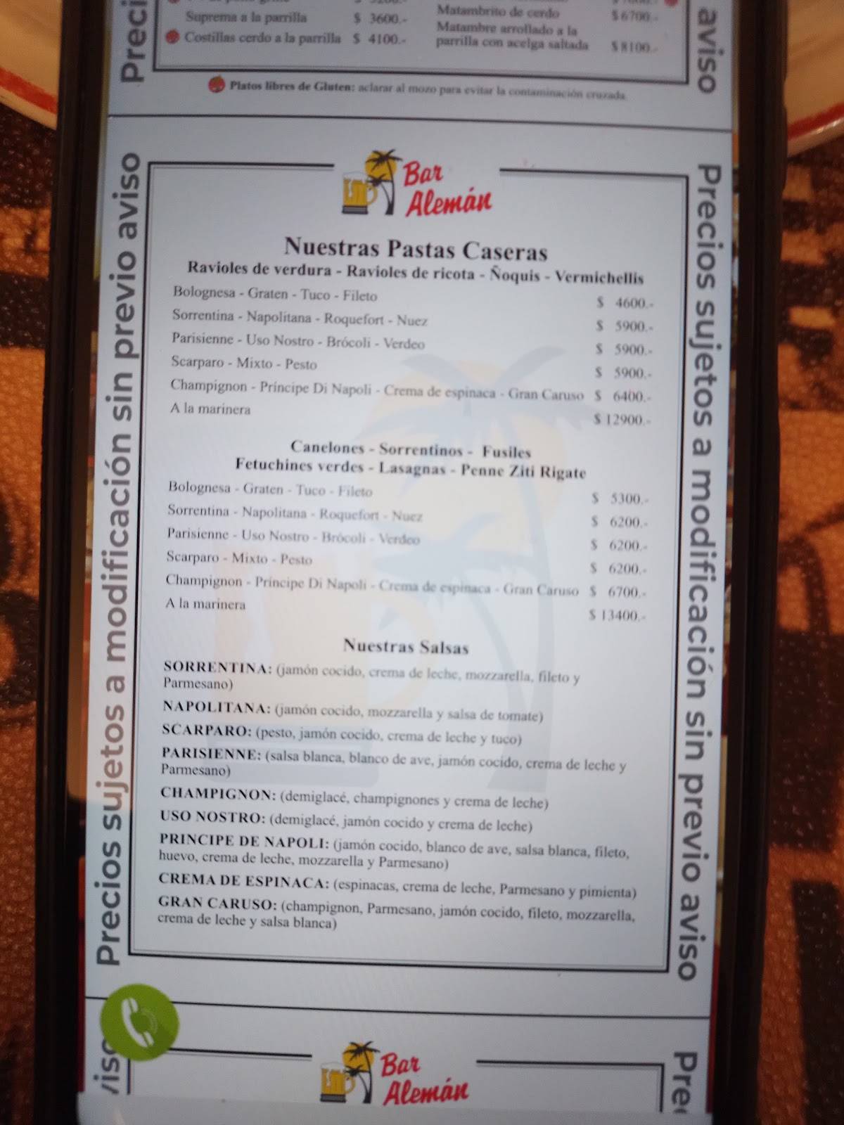 Carta de Bar Alemán, Buenos Aires, Av. 5992