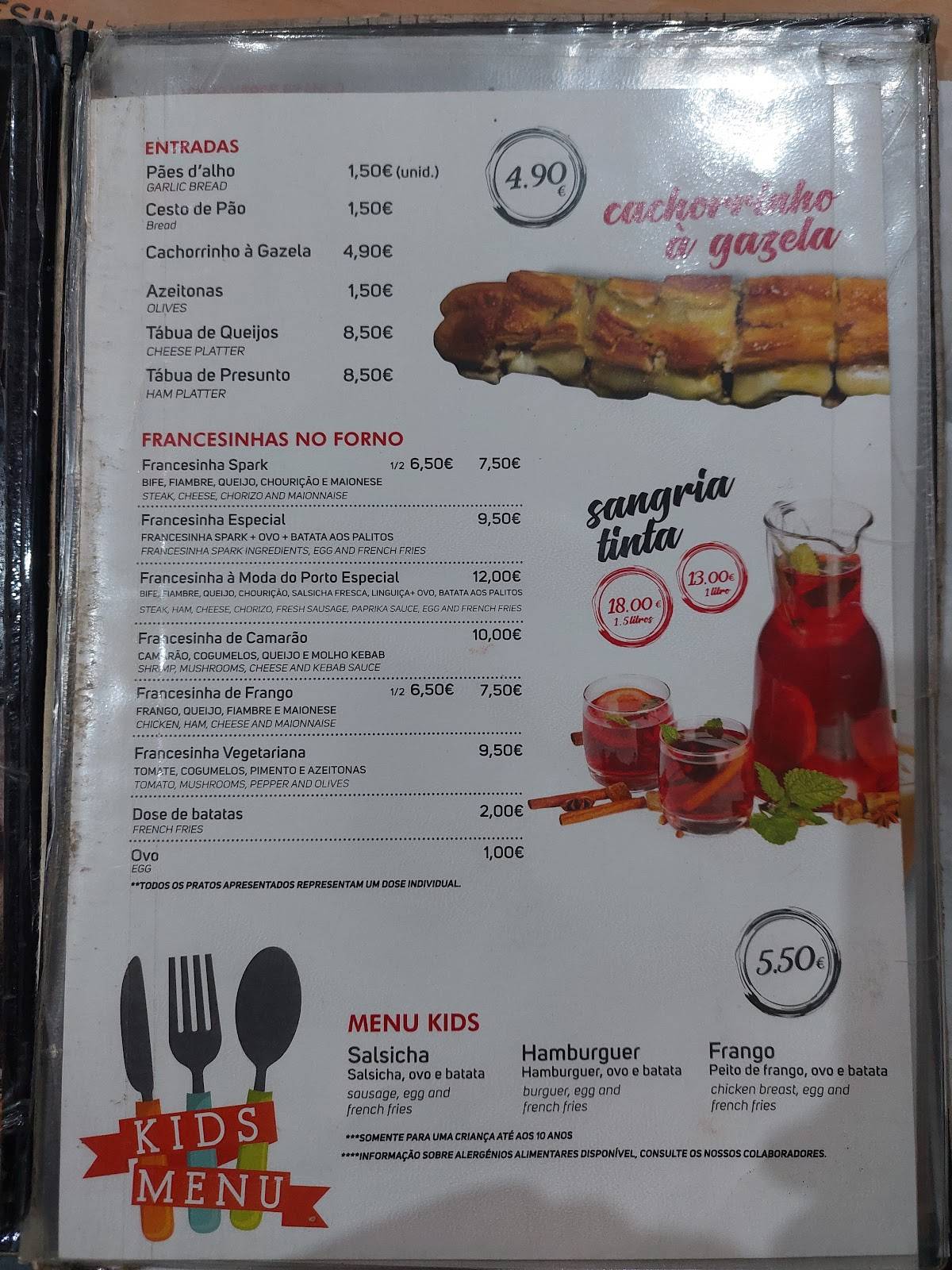 Menu em Bar Spark, Amarante