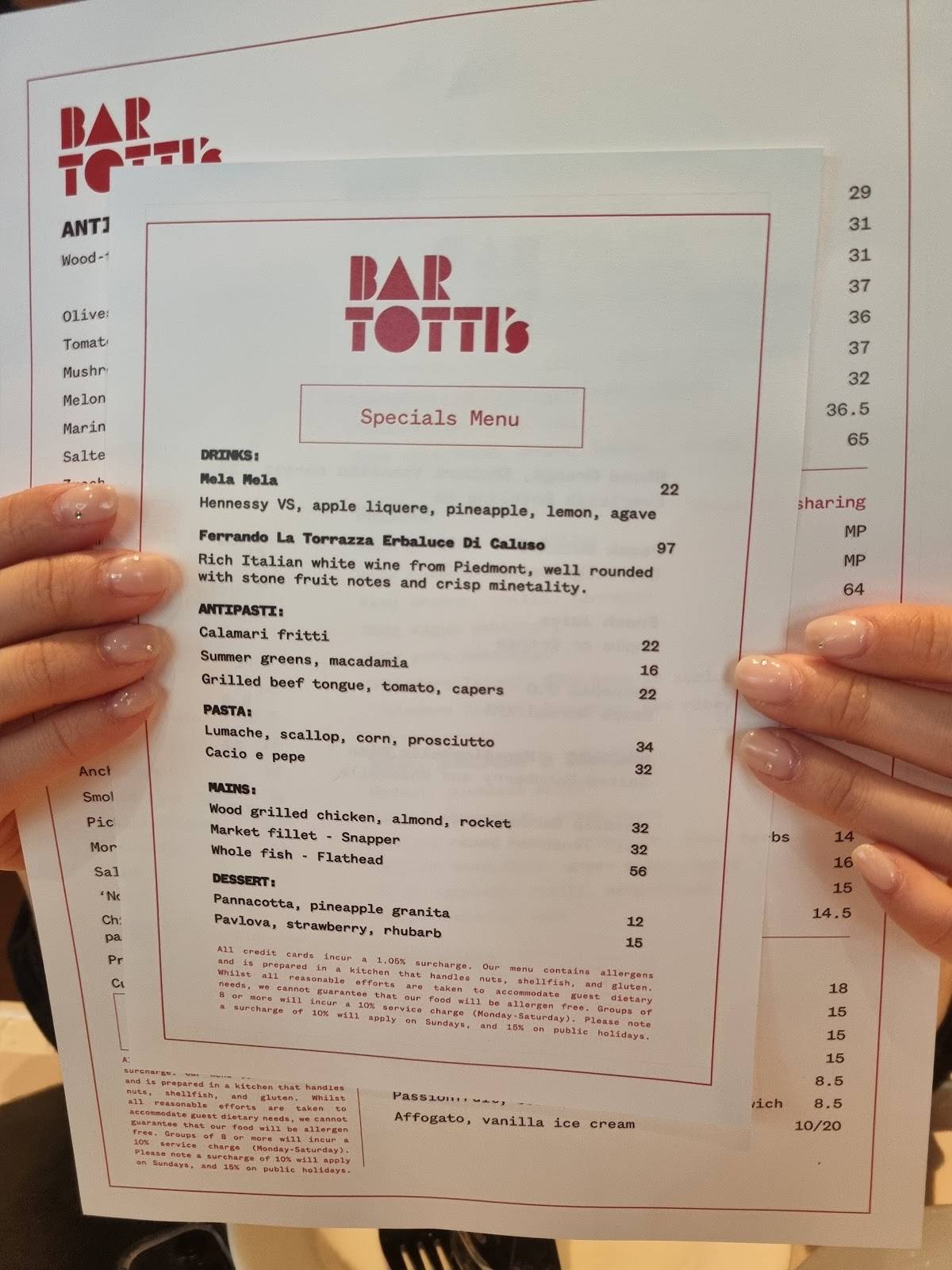 Menu at Bar Totti's, Sydney