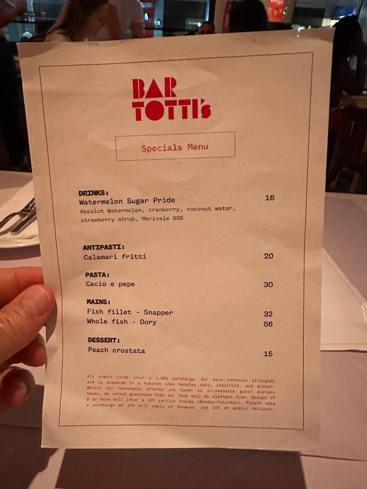 Menu at Bar Totti's, Sydney