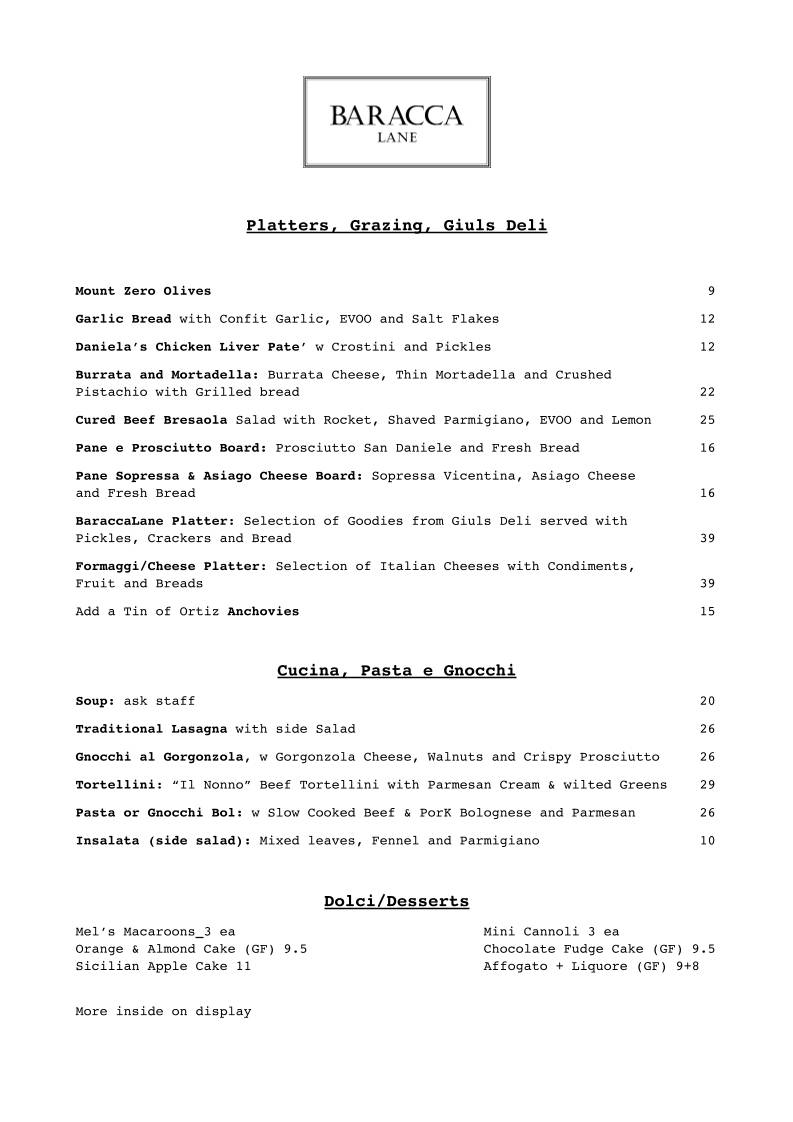 Menu at Baracca Lane, Seymour