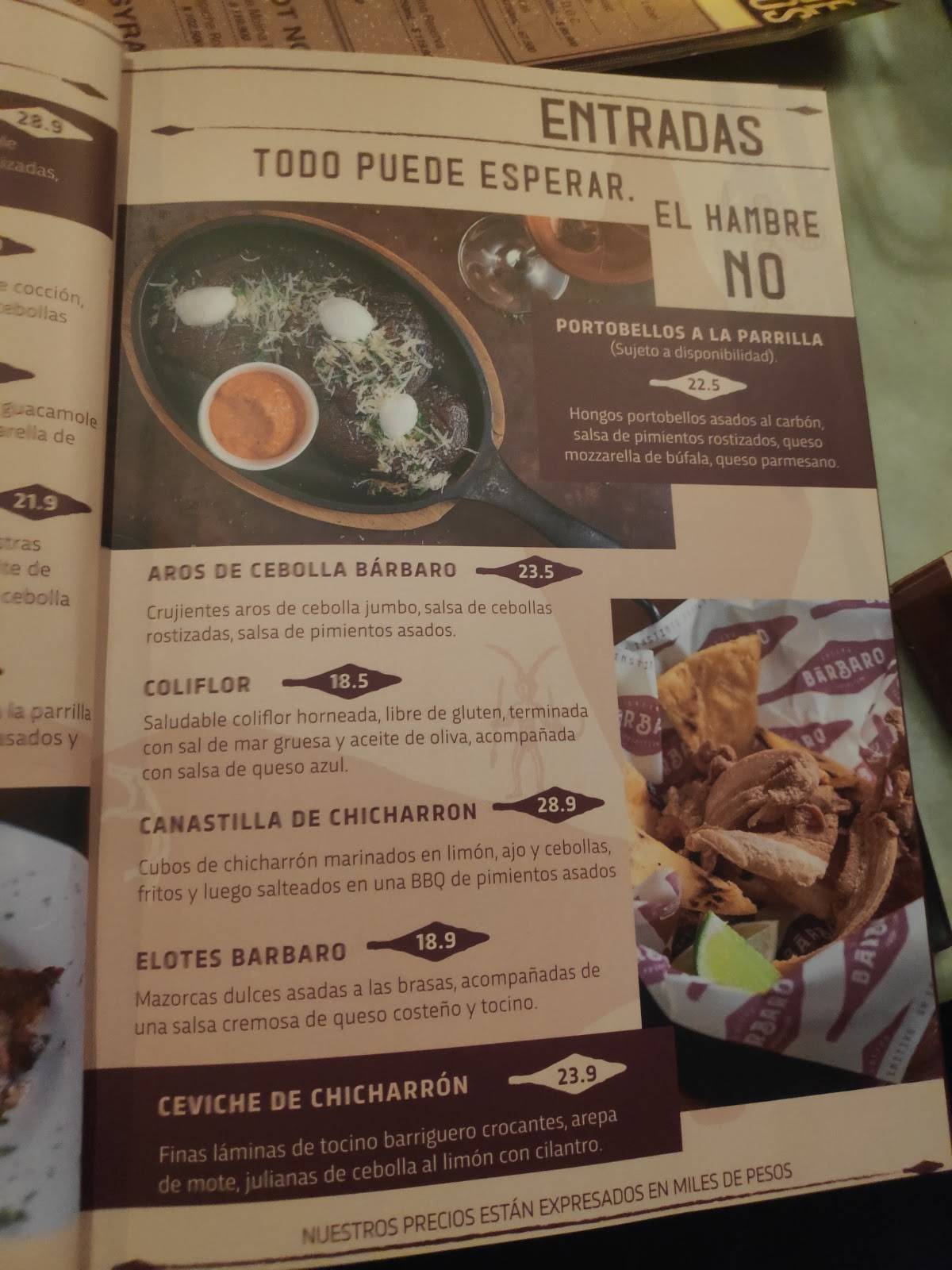 Carta de Bárbaro Cocina Primitiva sede Poblado, Medellín, Cra. 37 #10a-23