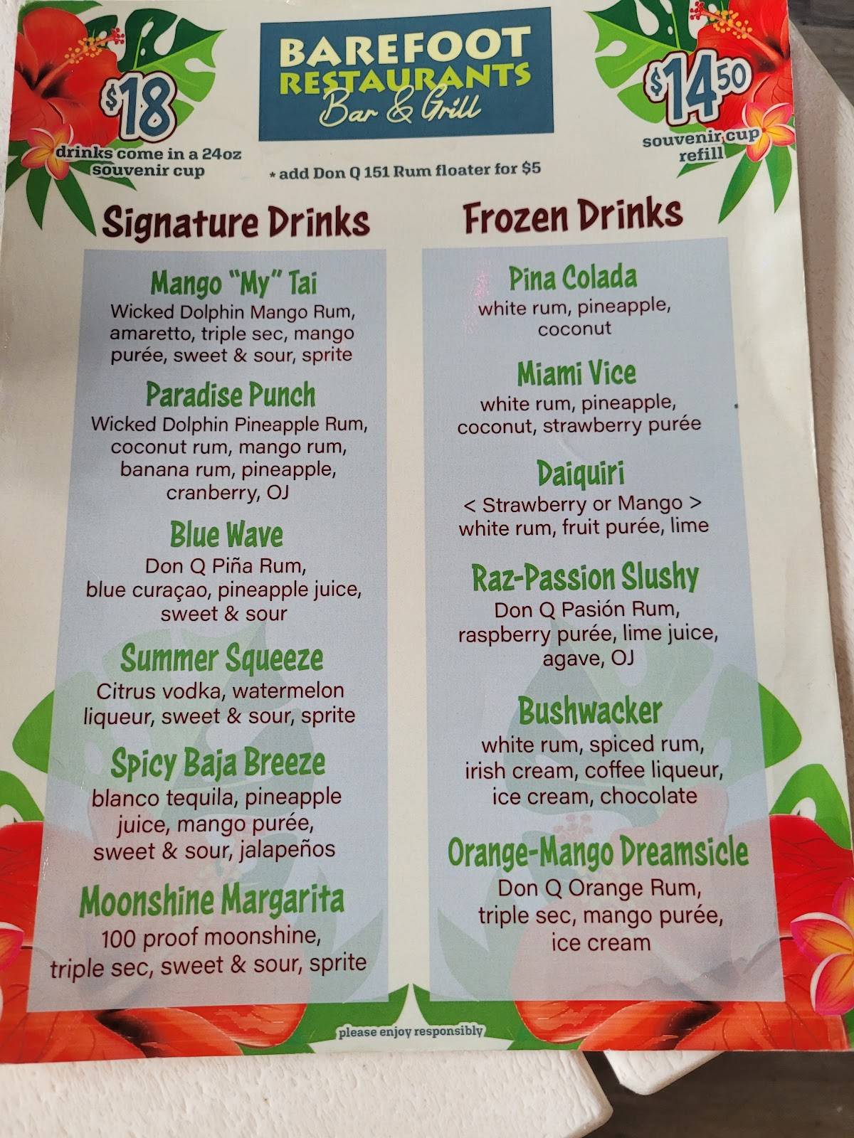 Menu at Barefoot On The Beach, Panama City Beach