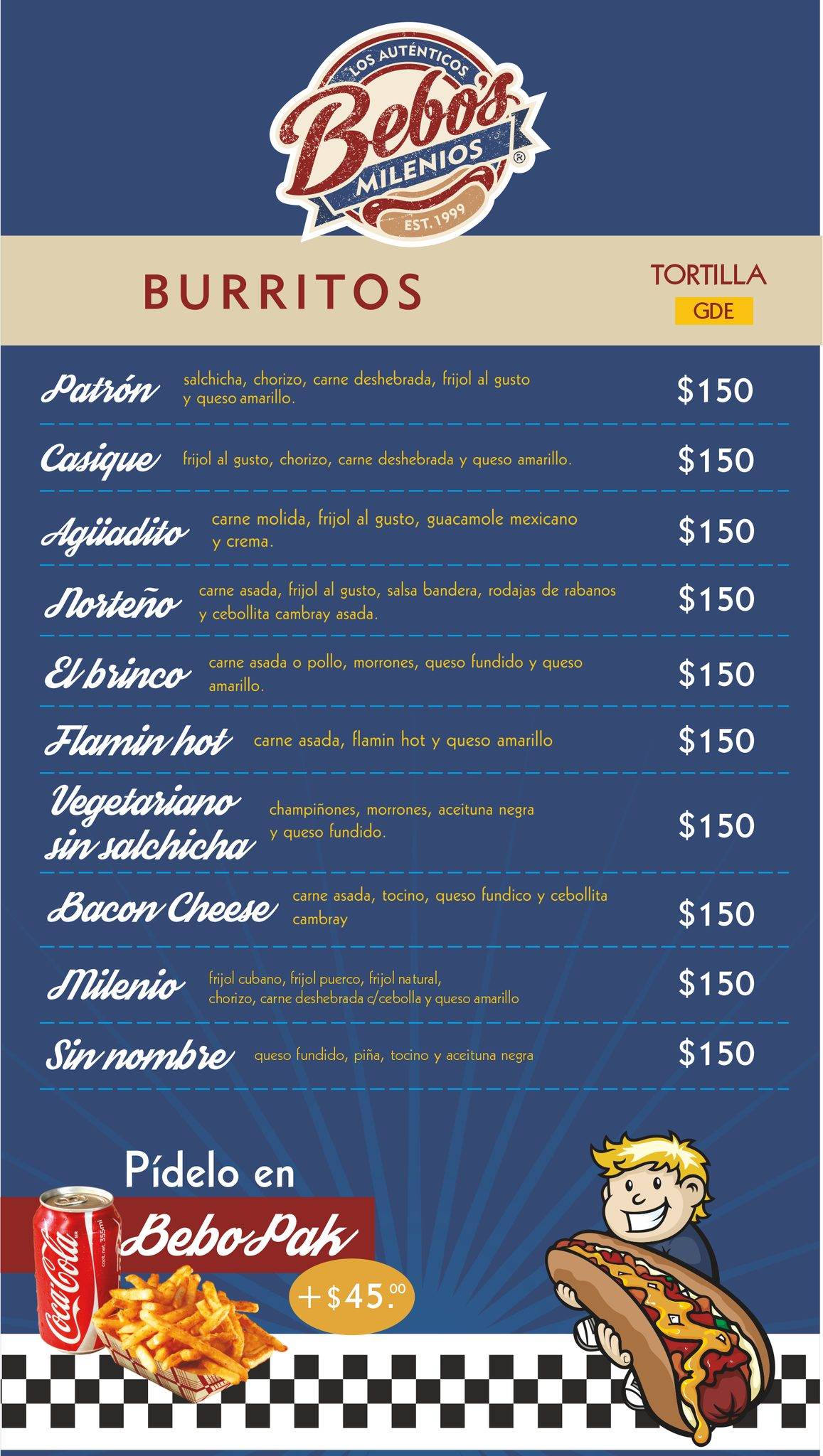 Carta del restaurante Bebo's Milenios Hot Dogs, Ensenada