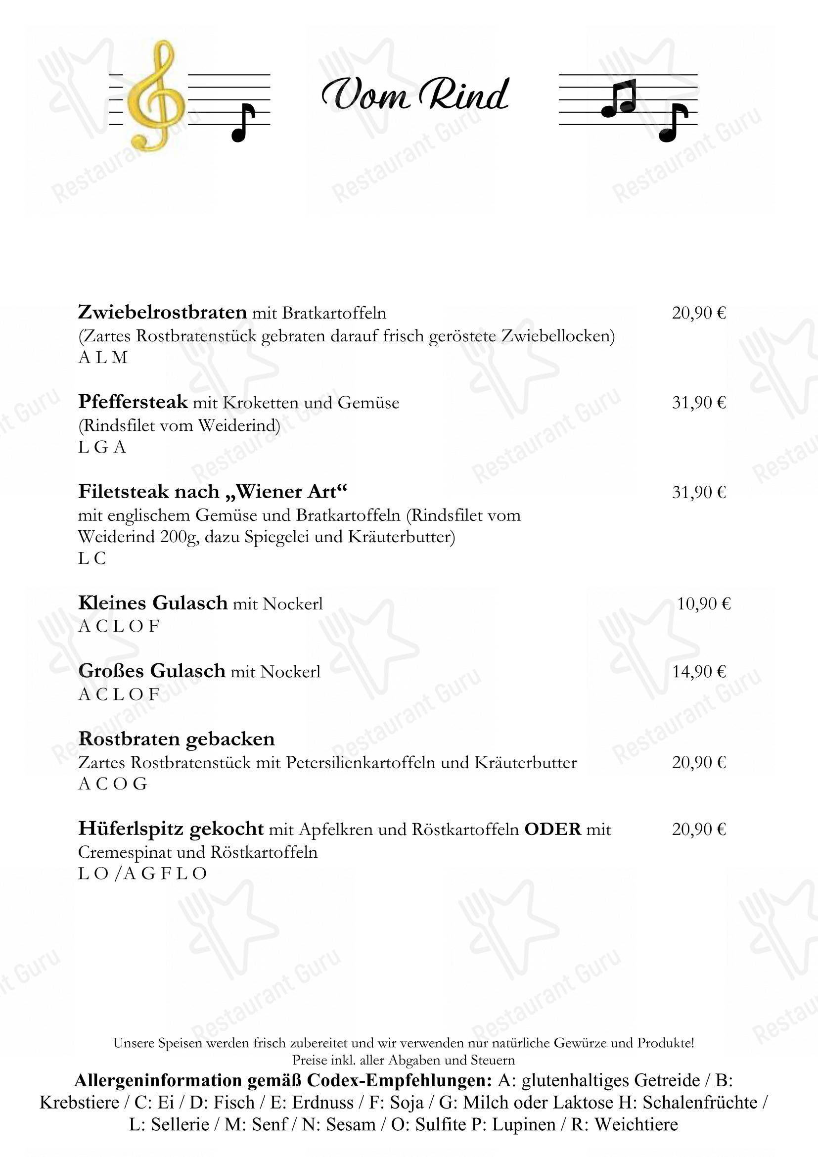 Menu at Restaurant Beethoven, Vienna