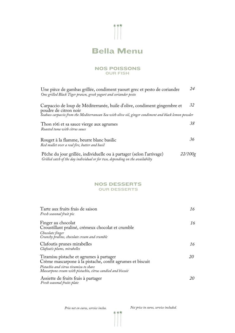 Menu au Restaurant Bella, Cannes, Cannes