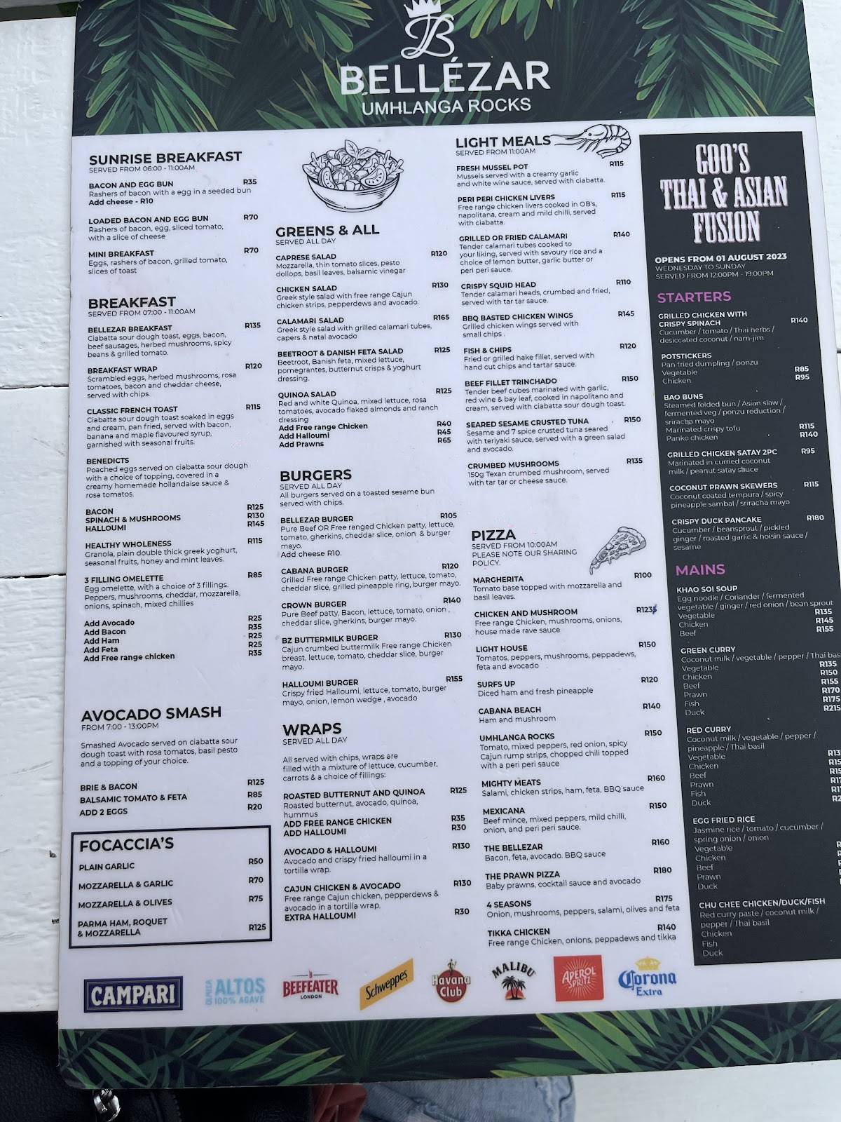 Menu at Bellézar Umhlanga - Beach Cafe & Bar, Umhlanga