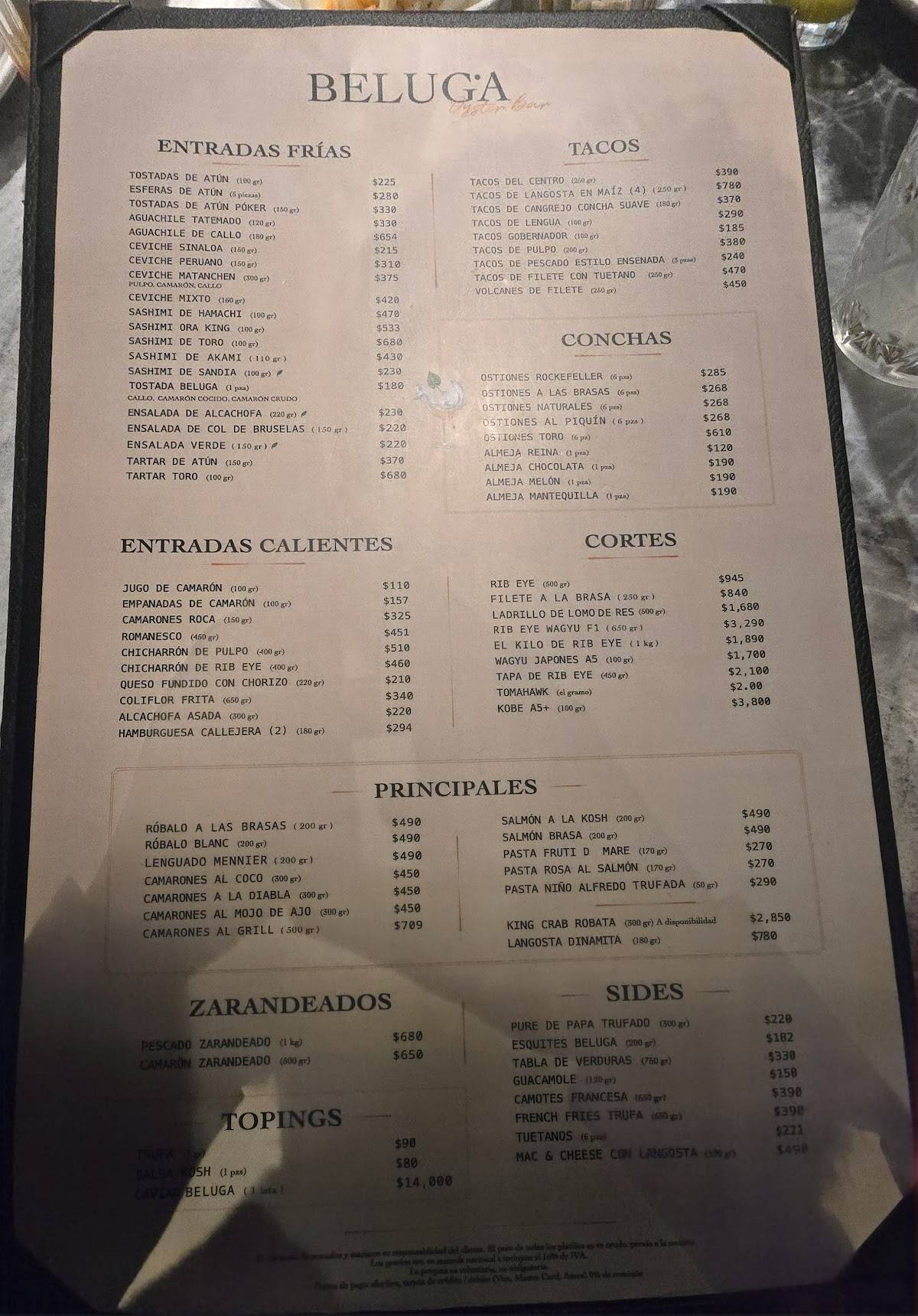 Menu at Beluga restaurant, Mexico City, Av. Pdte. Masaryk 120