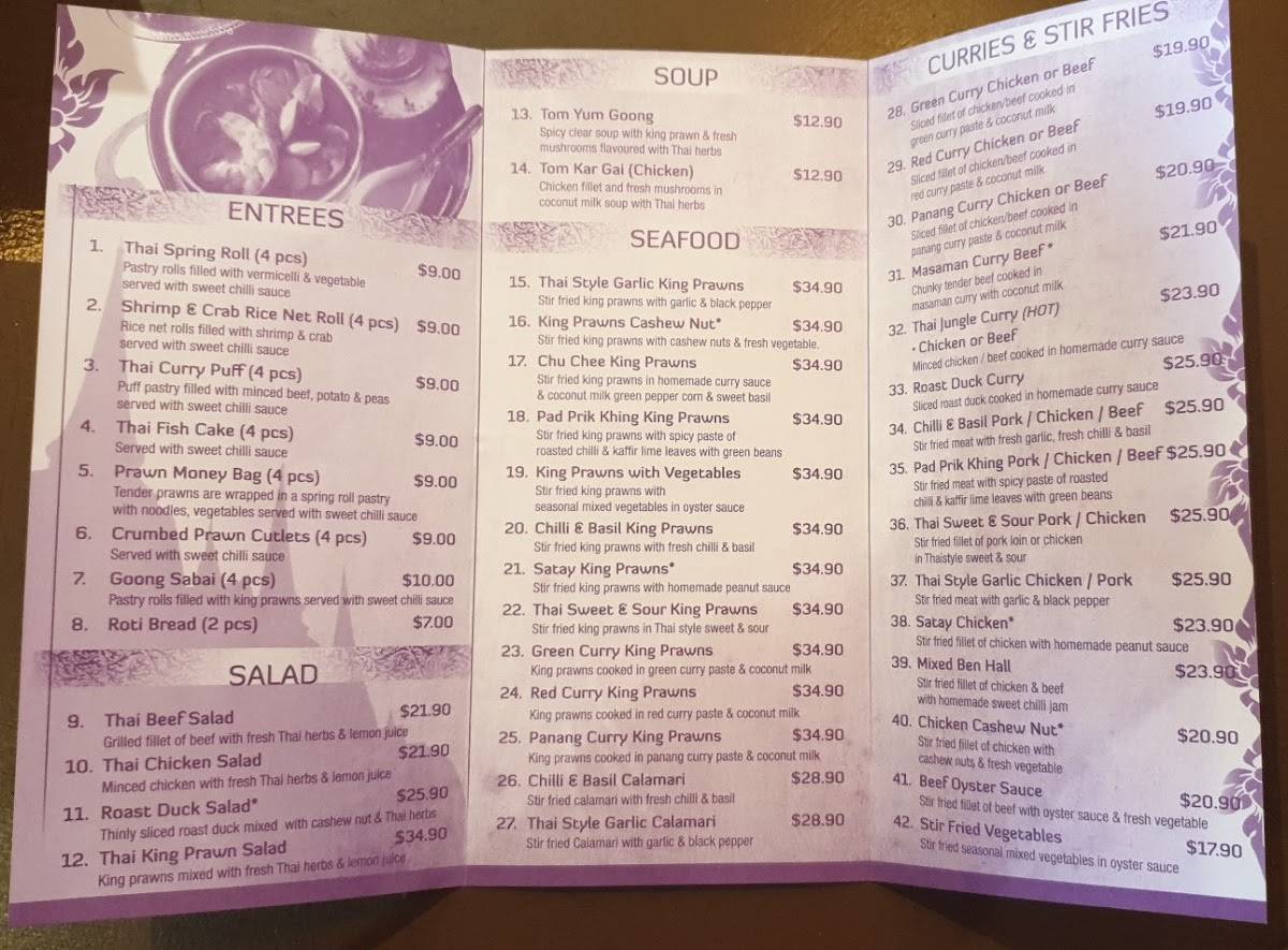 Menu at Ben Hall Beau Thai restaurant, Forbes, 14 Dowling St