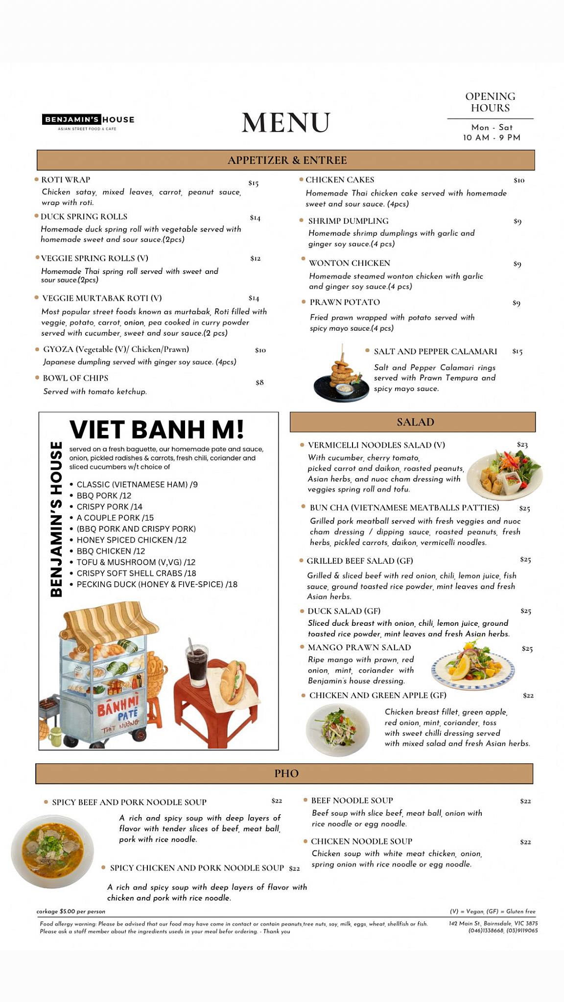 Menu at Benjamin's house restaurant, Bairnsdale