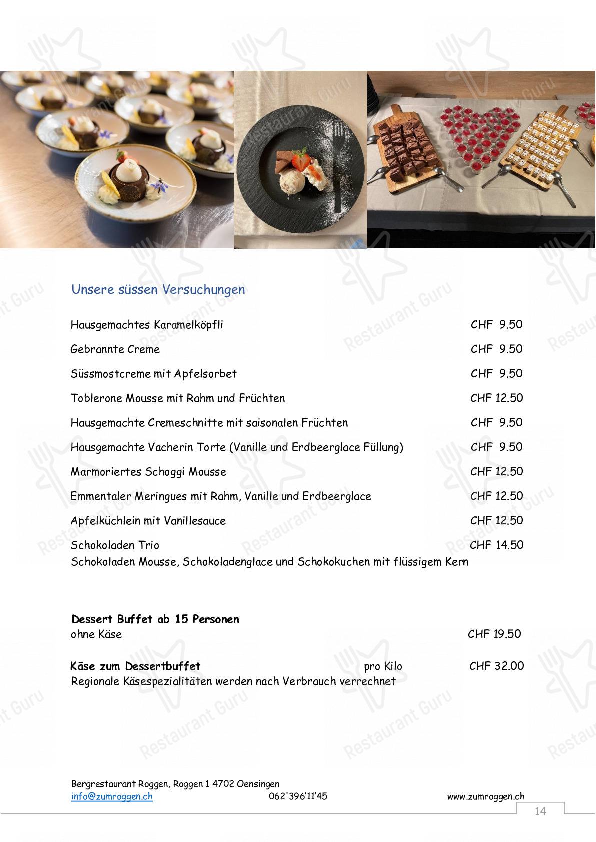 Speisekarte von Bergrestaurant Roggen, Oensingen