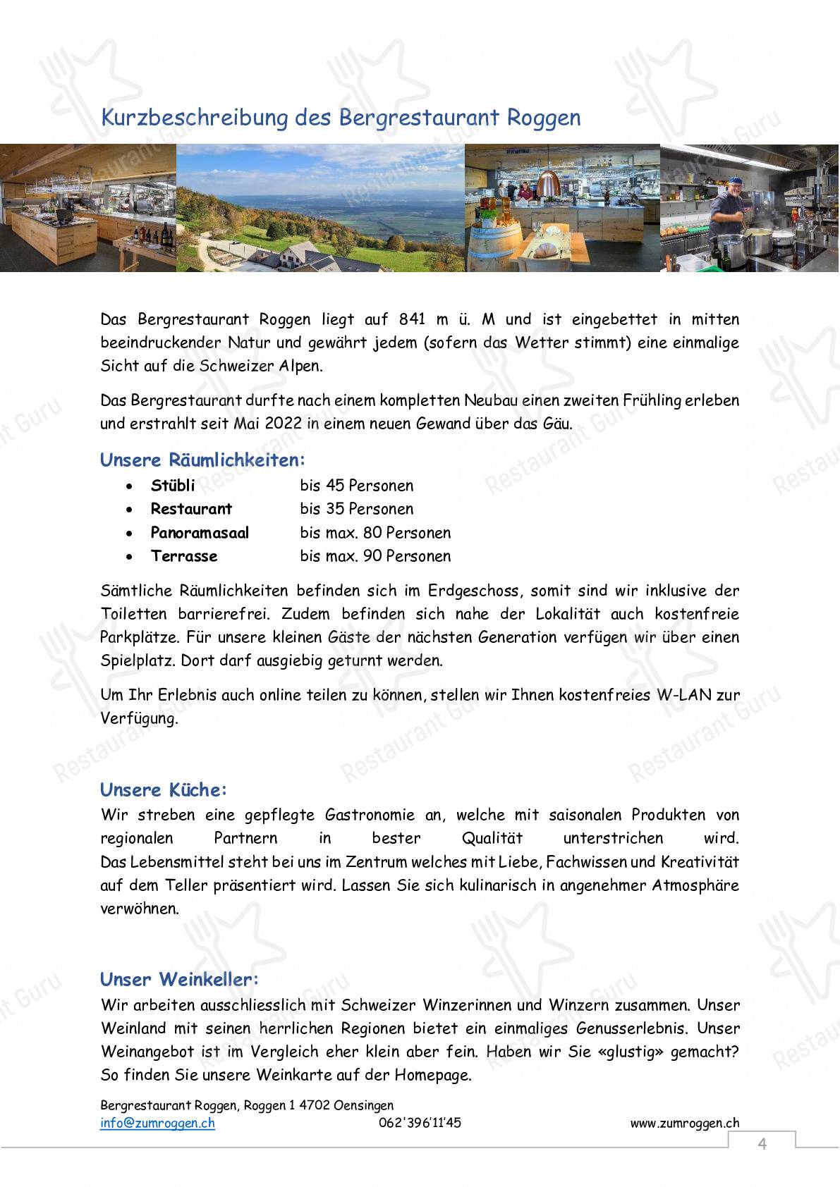 Speisekarte von Bergrestaurant Roggen, Oensingen