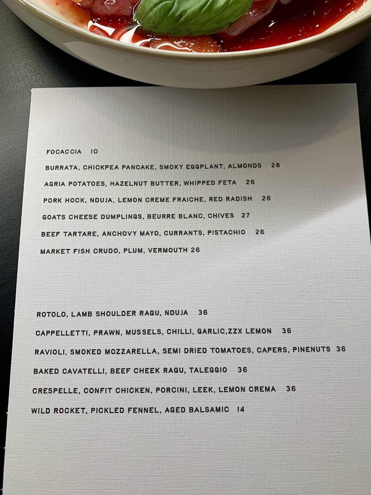 Menu at Bianca restaurant, Auckland