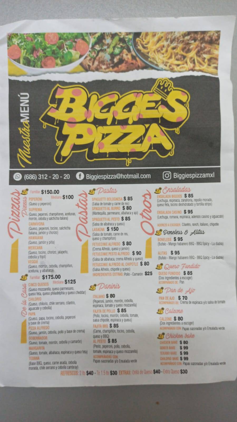 Menu at Biggie’s Pizza restaurant, Mexicali