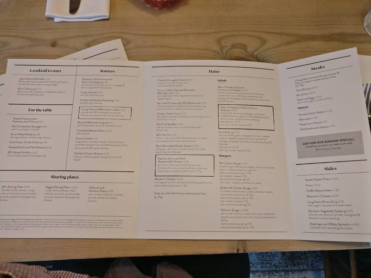 Menu at Bill's Rushden Lakes restaurant, Rushden