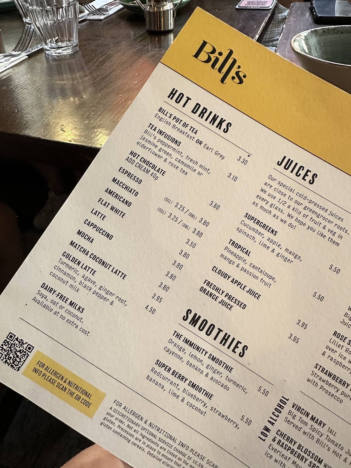 Menu at Bill’s restaurant, London, Victor Wharf