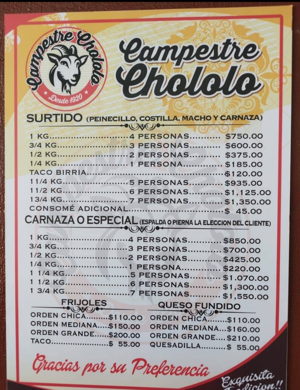 Carta del restaurante Birrieria Chololo Patria, Guadalajara