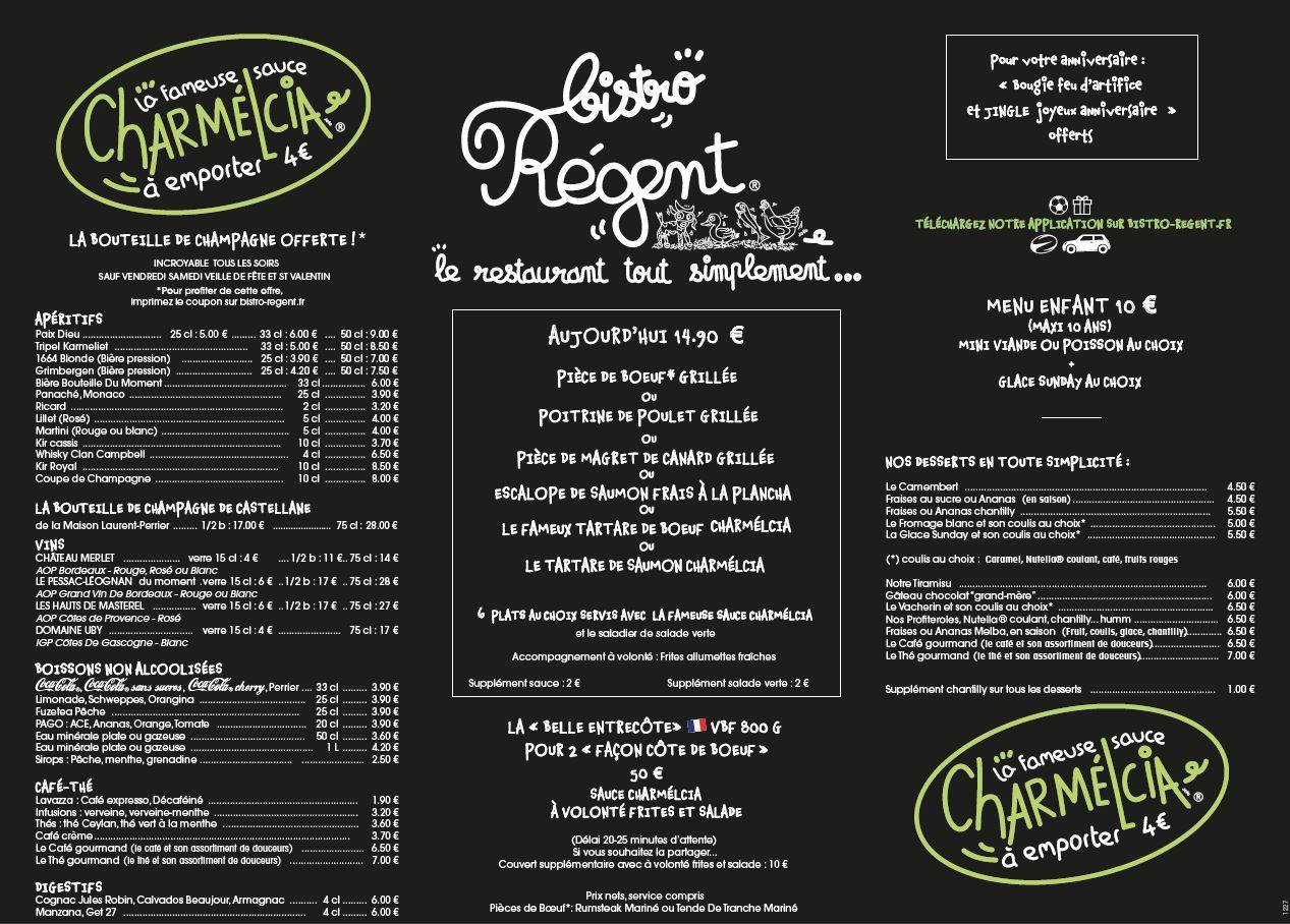 Menu au Bistro Régent Toulouse Saint Cyprien restaurant, Toulouse
