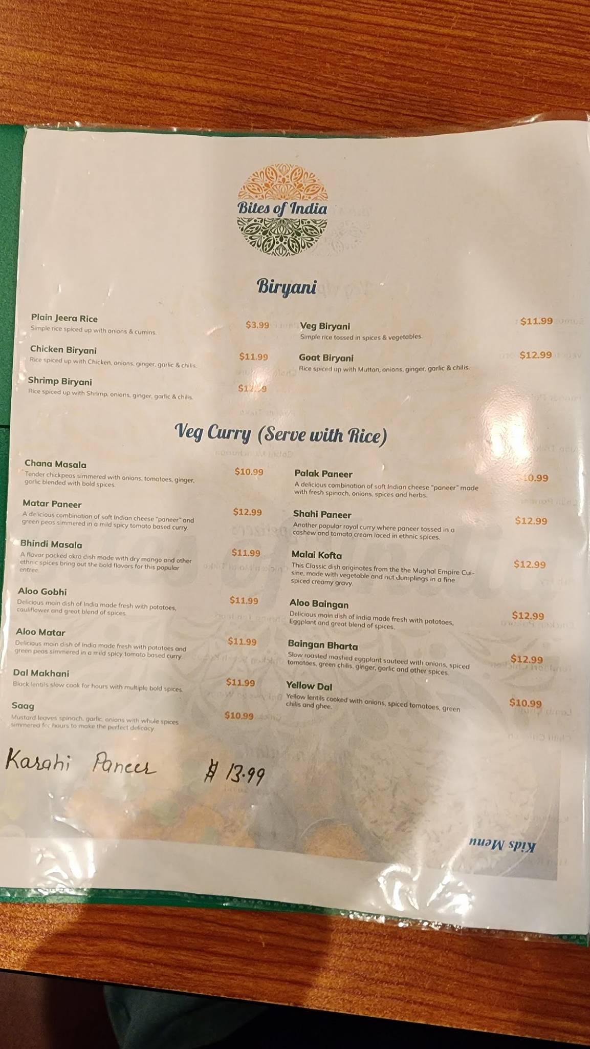 Menu at Bites of India restaurant, Pittsburg