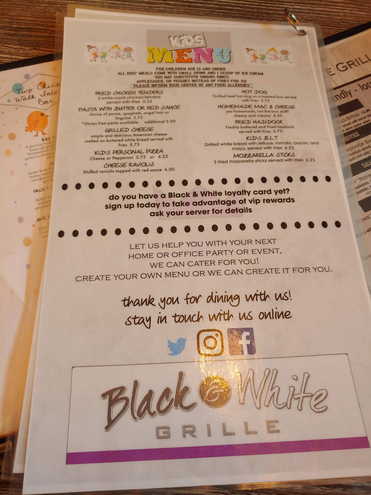 Menu at Black & White Grille restaurant, Spencer