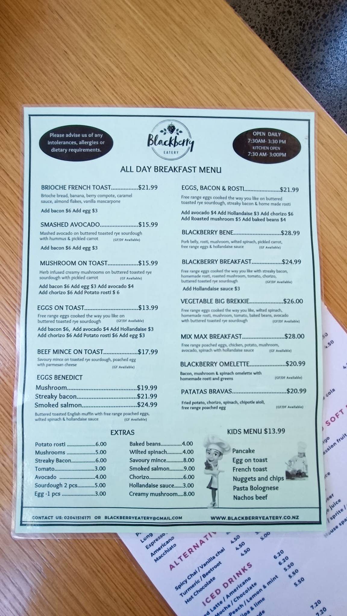 Menu at Blackberry eatery (breakfast lunch dinner) cafe, Papamoa