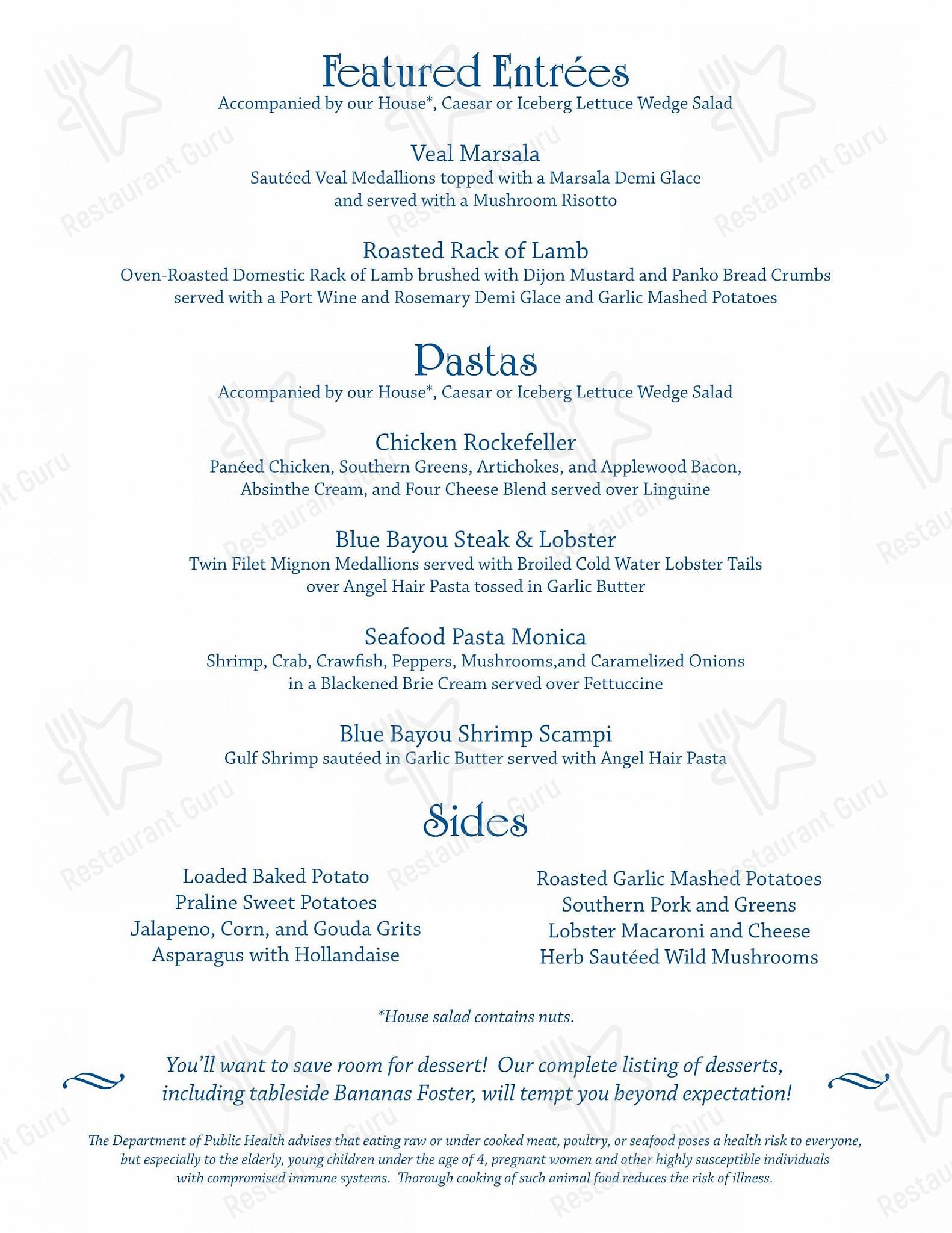 Menu at Blue Bayou Bar & Grill, Waveland, S Beach Blvd