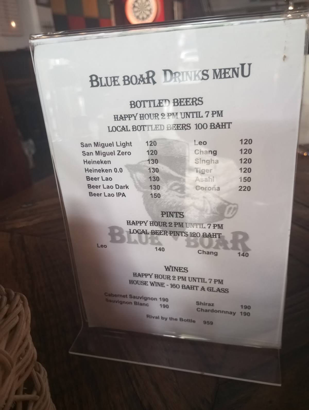 Menu at Blue Boar Pub and Restaurant, Bangkok