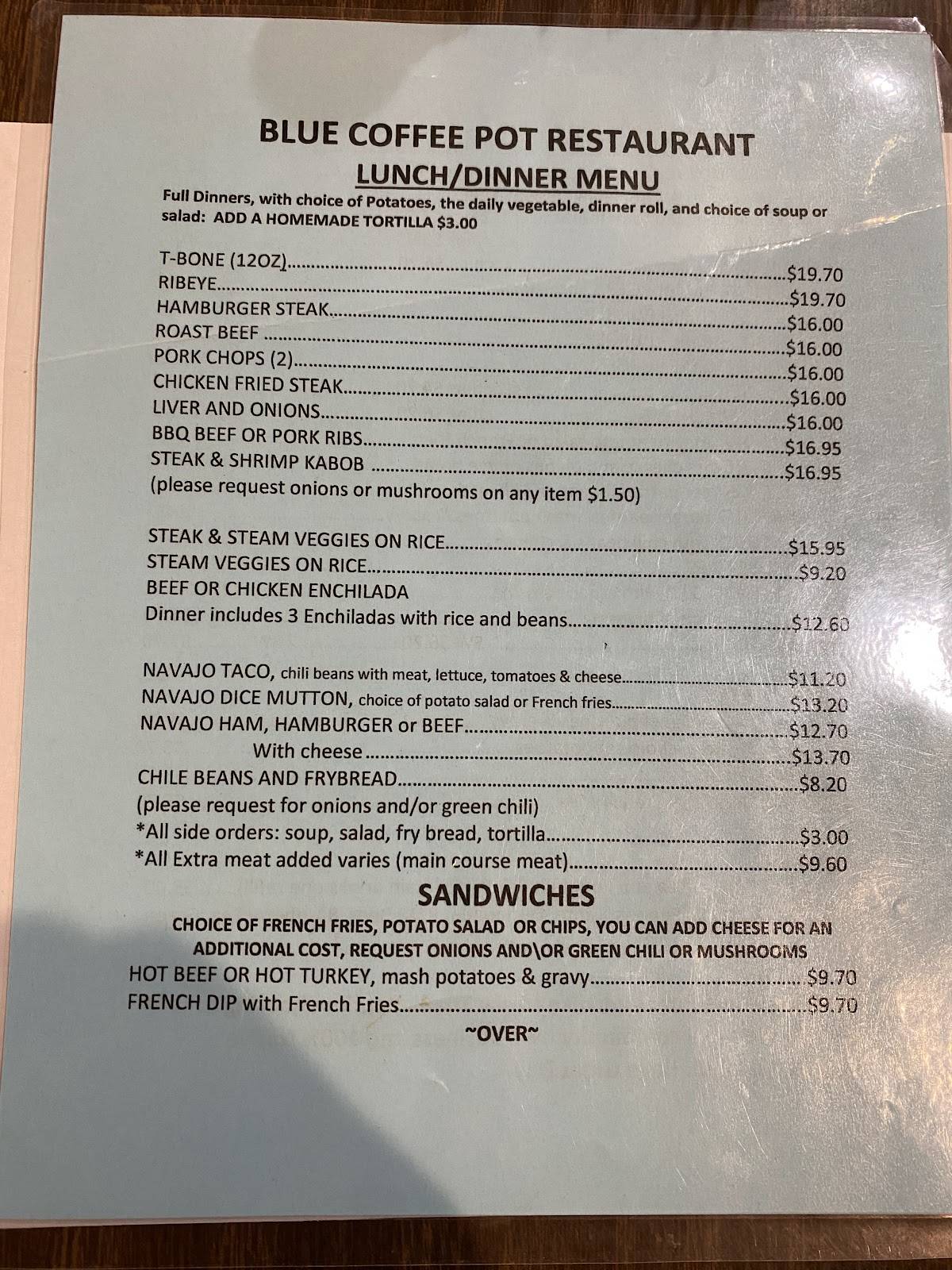 Menu at Blue Coffee Pot Restaurant, Kayenta