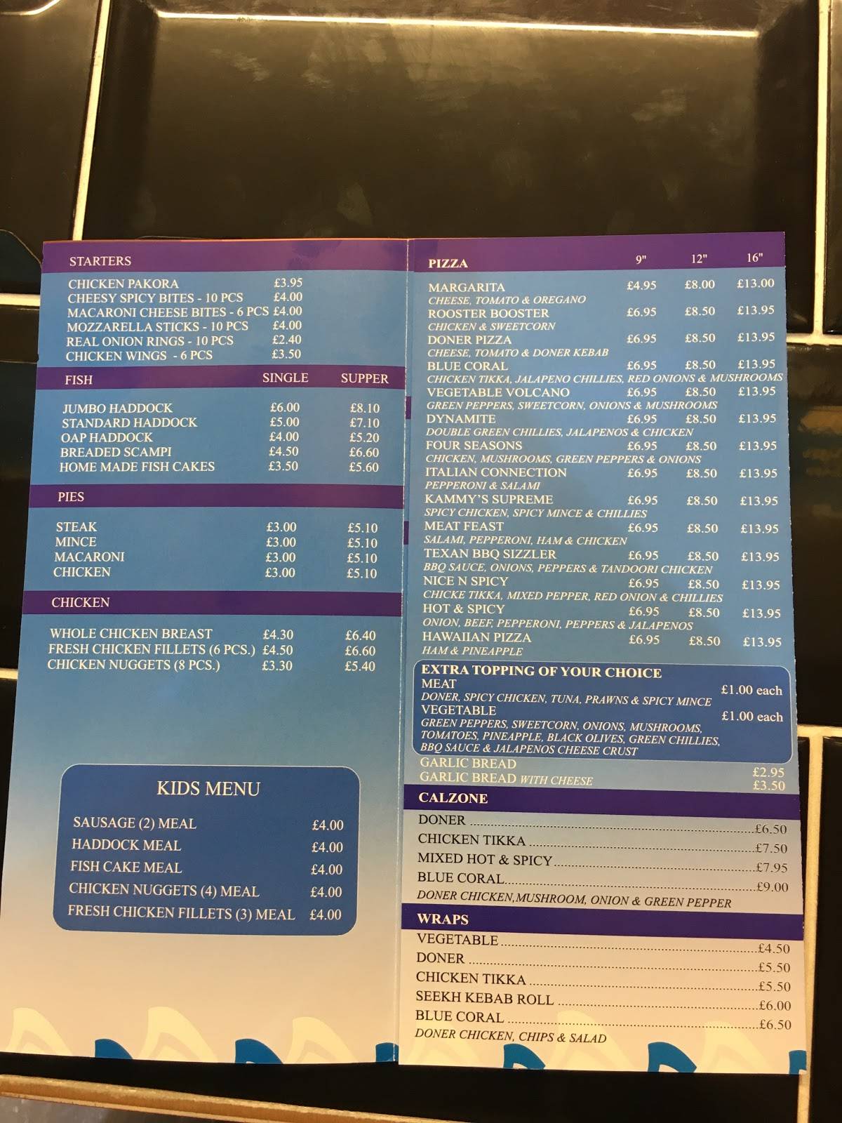 Menu at Blue Coral Fish and Chips. restaurant, Aberdeen