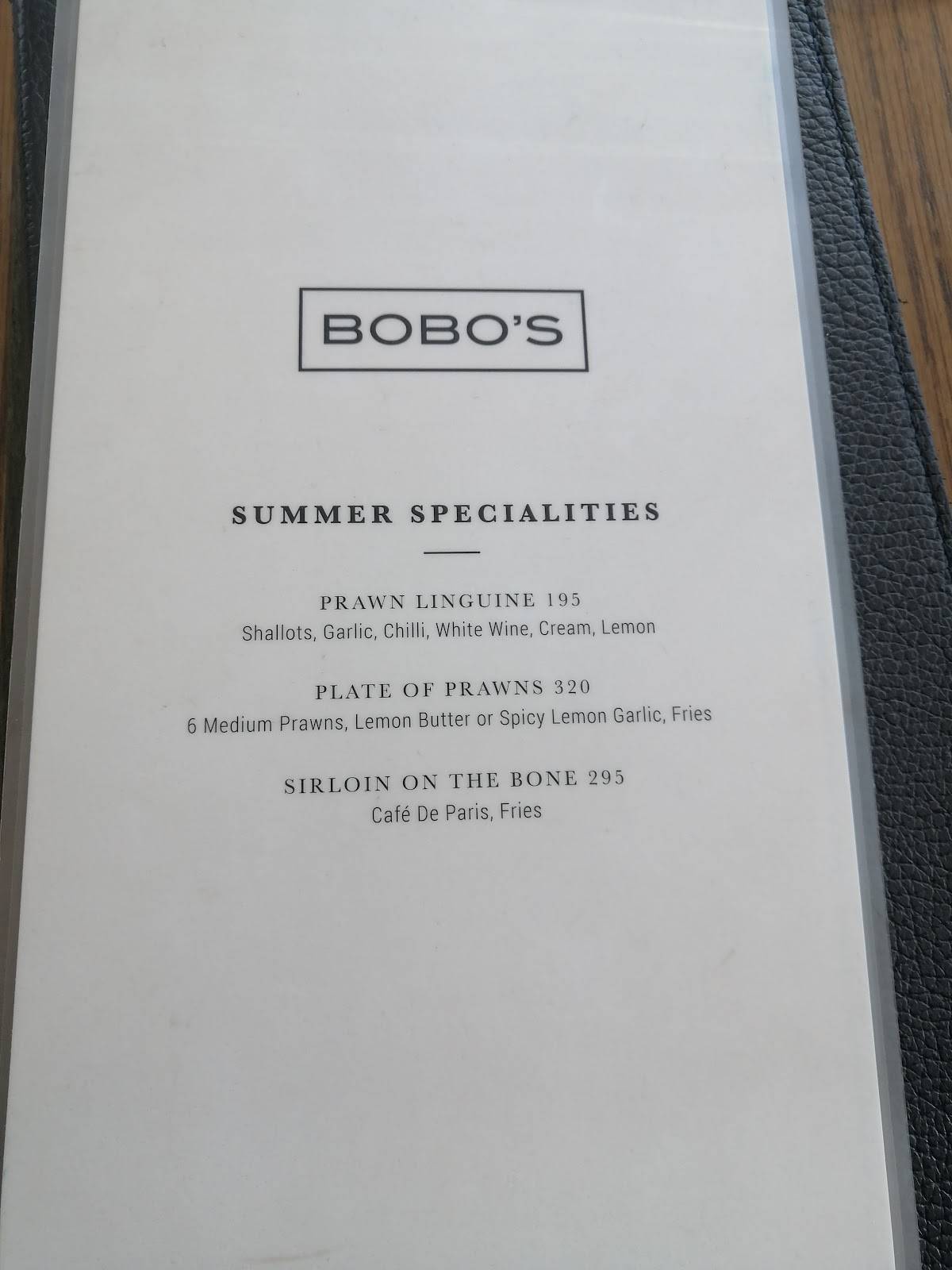 Menu at Bobo's restaurant, Cape Town