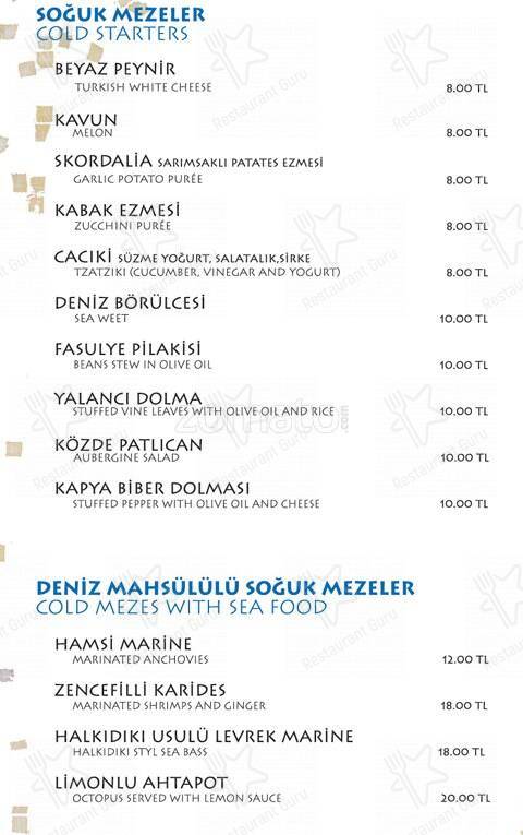 Menu at Bodos Balık, Istanbul, Cankurtaran Mahallesi