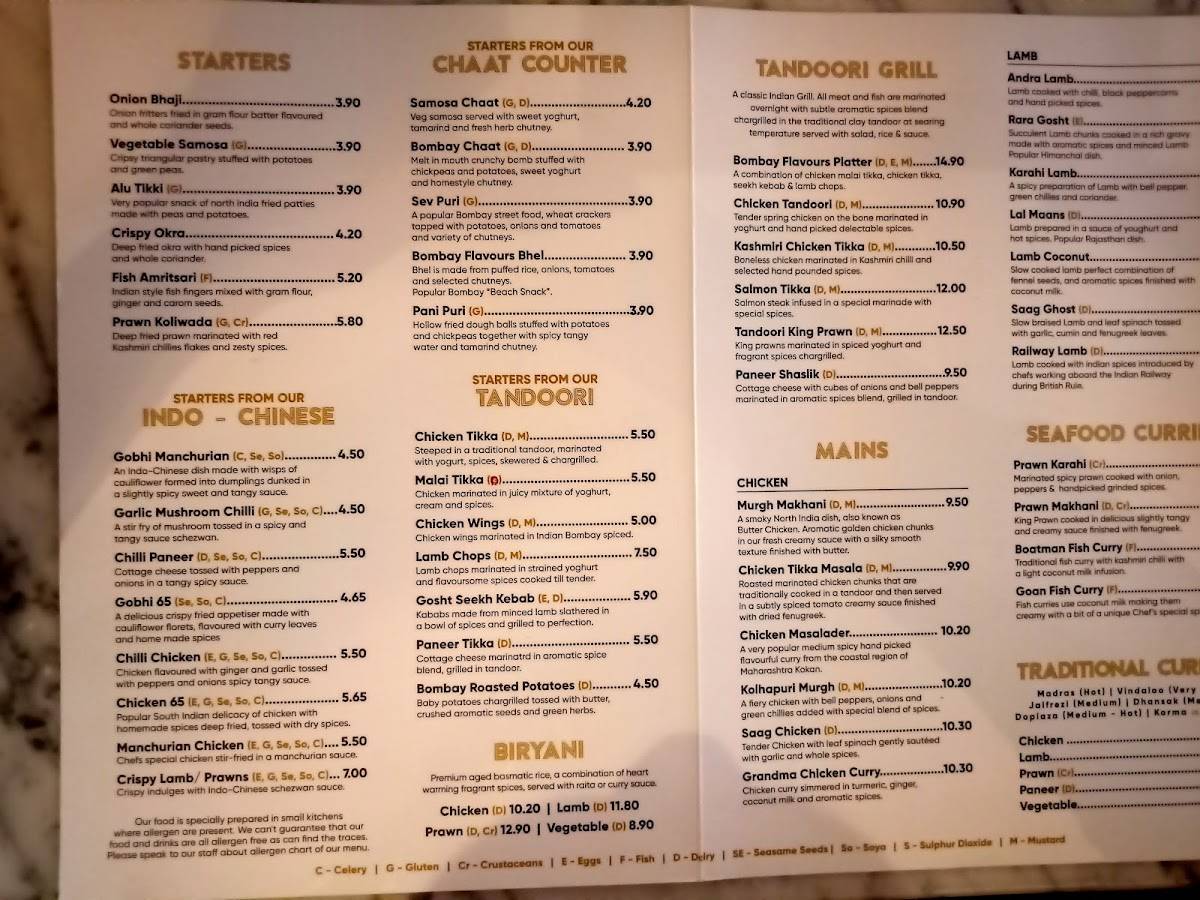 Menu at Bombay Flavours restaurant, Manchester
