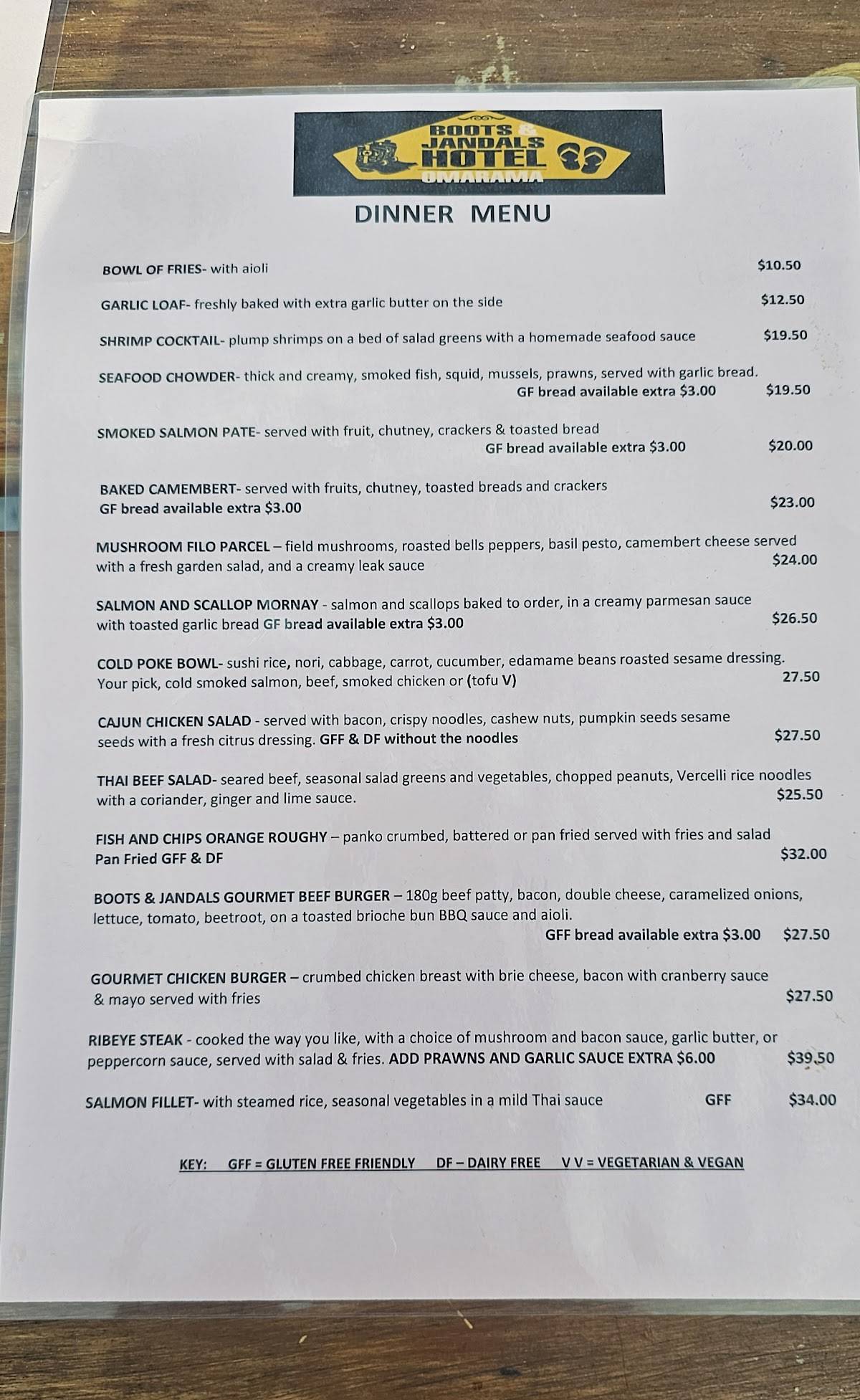 Menu at Boots and Jandals cafe, Omarama