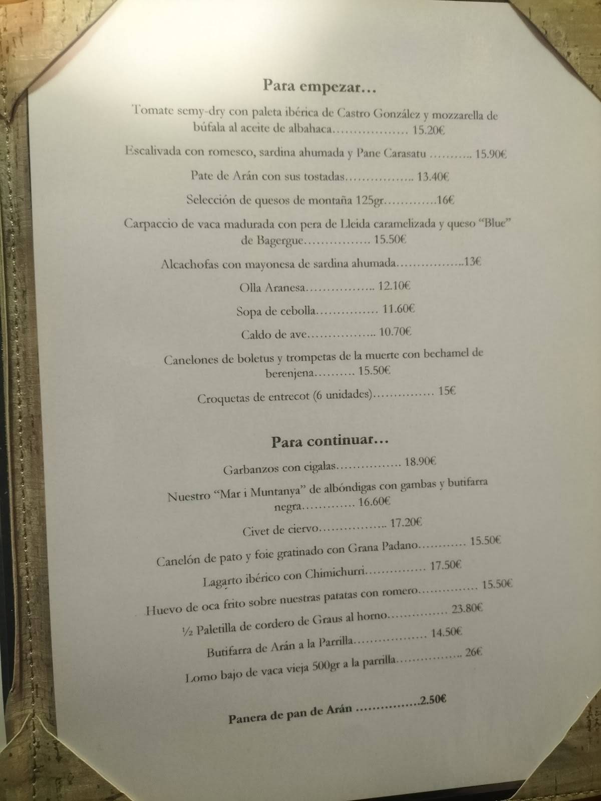 Carta de Restaurant Borda Benjamín, Salardú
