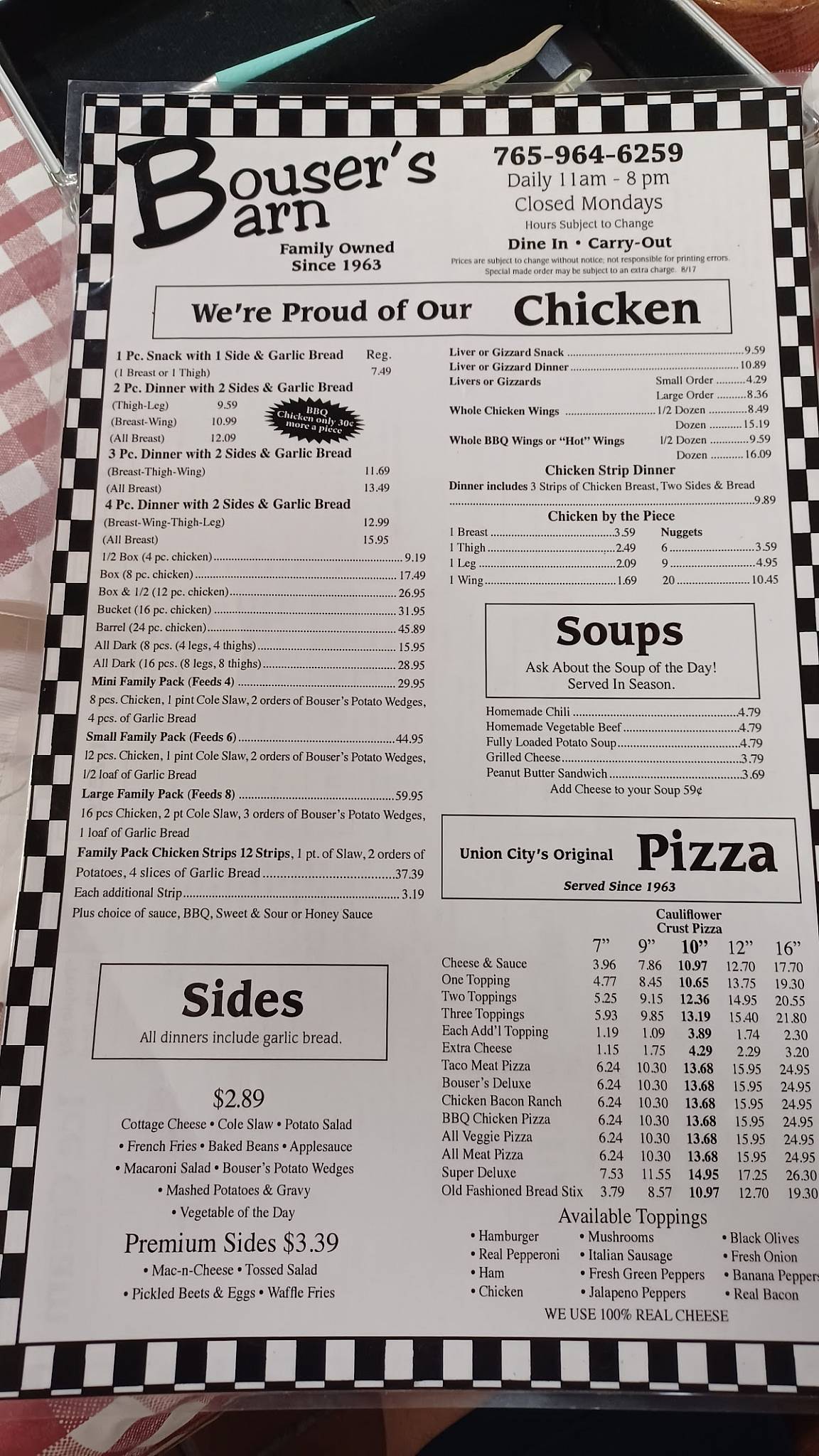 Menu at Bouser's Barn Restaurant & Catering, Union City