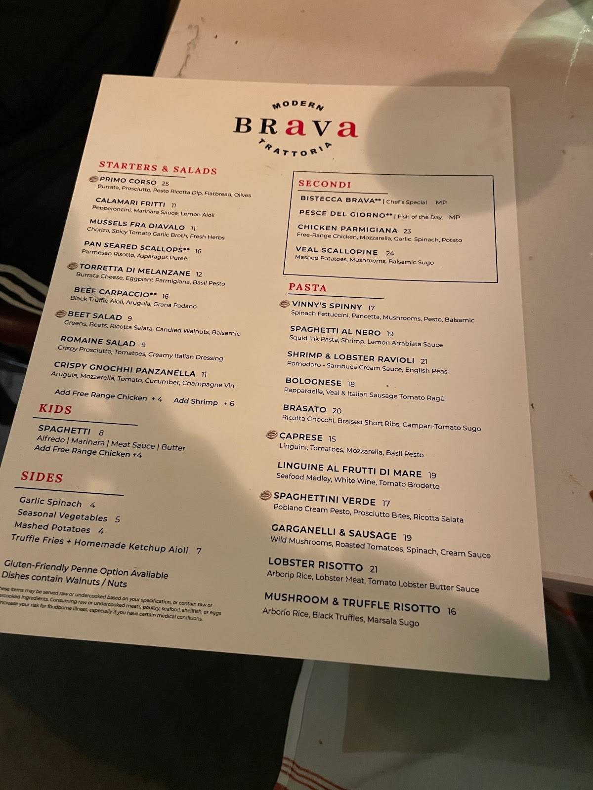 Menu at Brava Modern Trattoria restaurant, Glenwood Springs