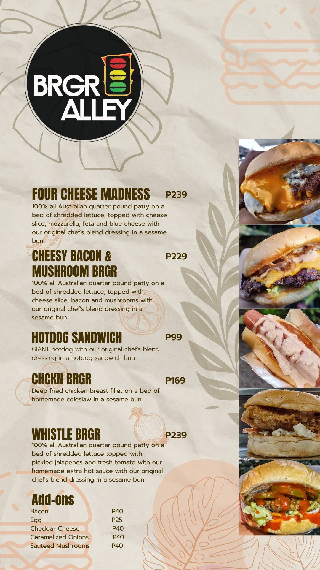 Menu at BRGR Alley Café restaurant, Davao City
