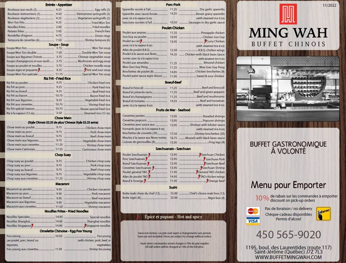 Menu au Buffet Chinois Ming Wah restaurant, Saint-Jérôme