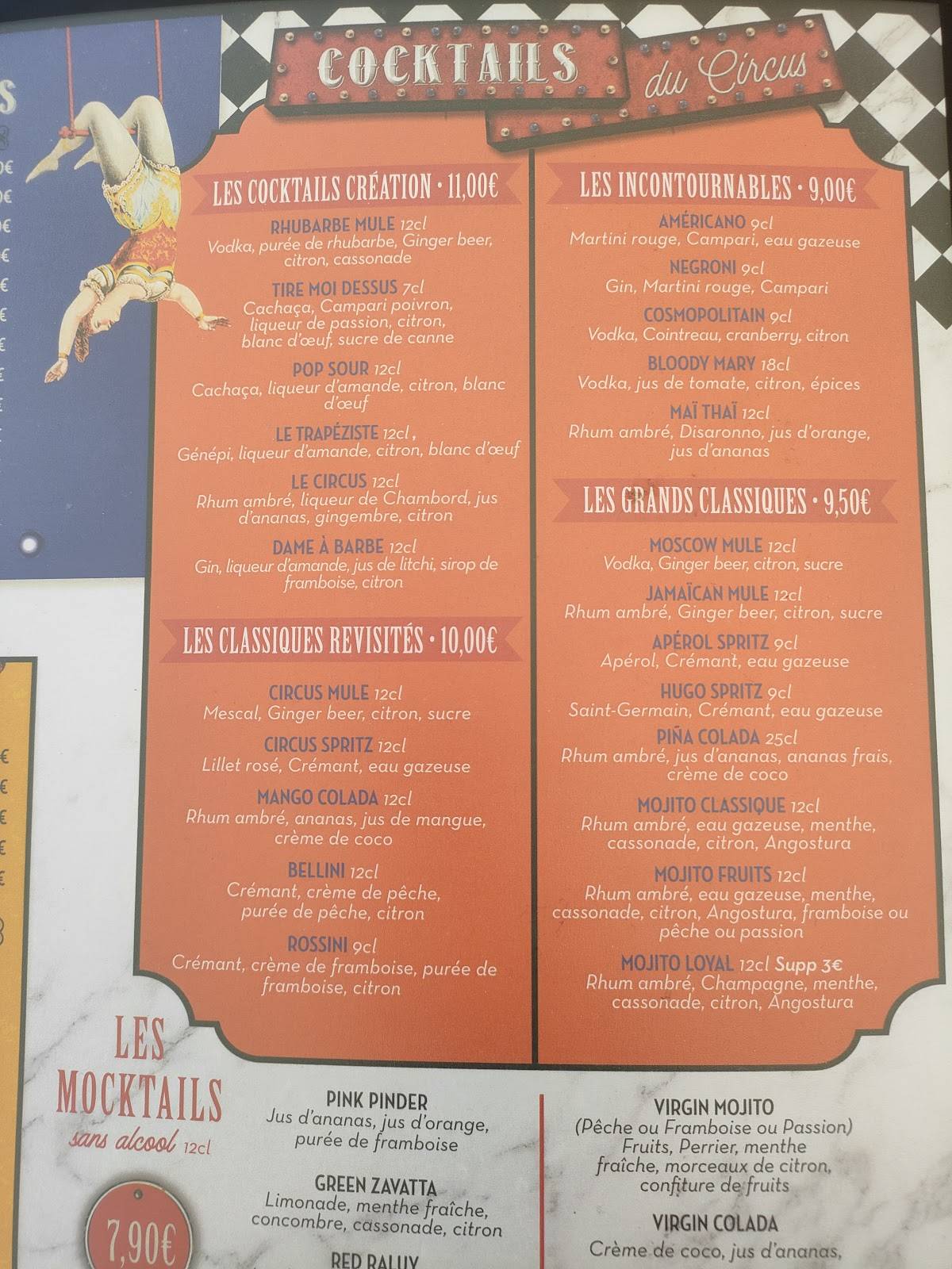 Menu au Circus restaurant, Sainte-Luce-sur-Loire
