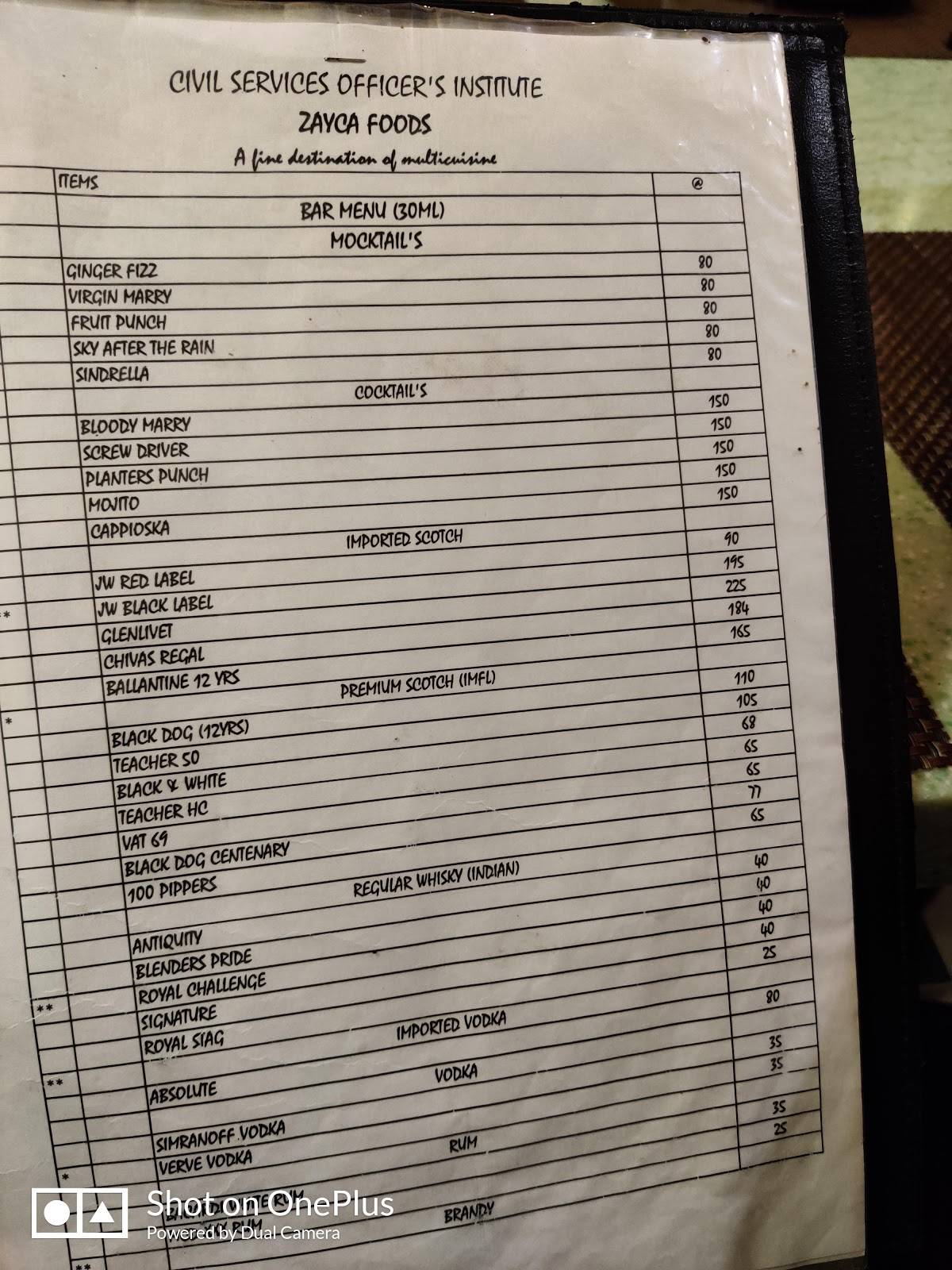 Menu at CSOI, New Delhi