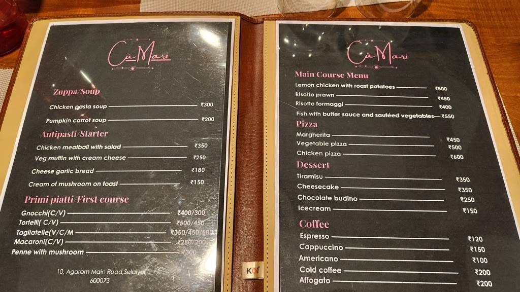 Menu at Cà Mari, Chennai