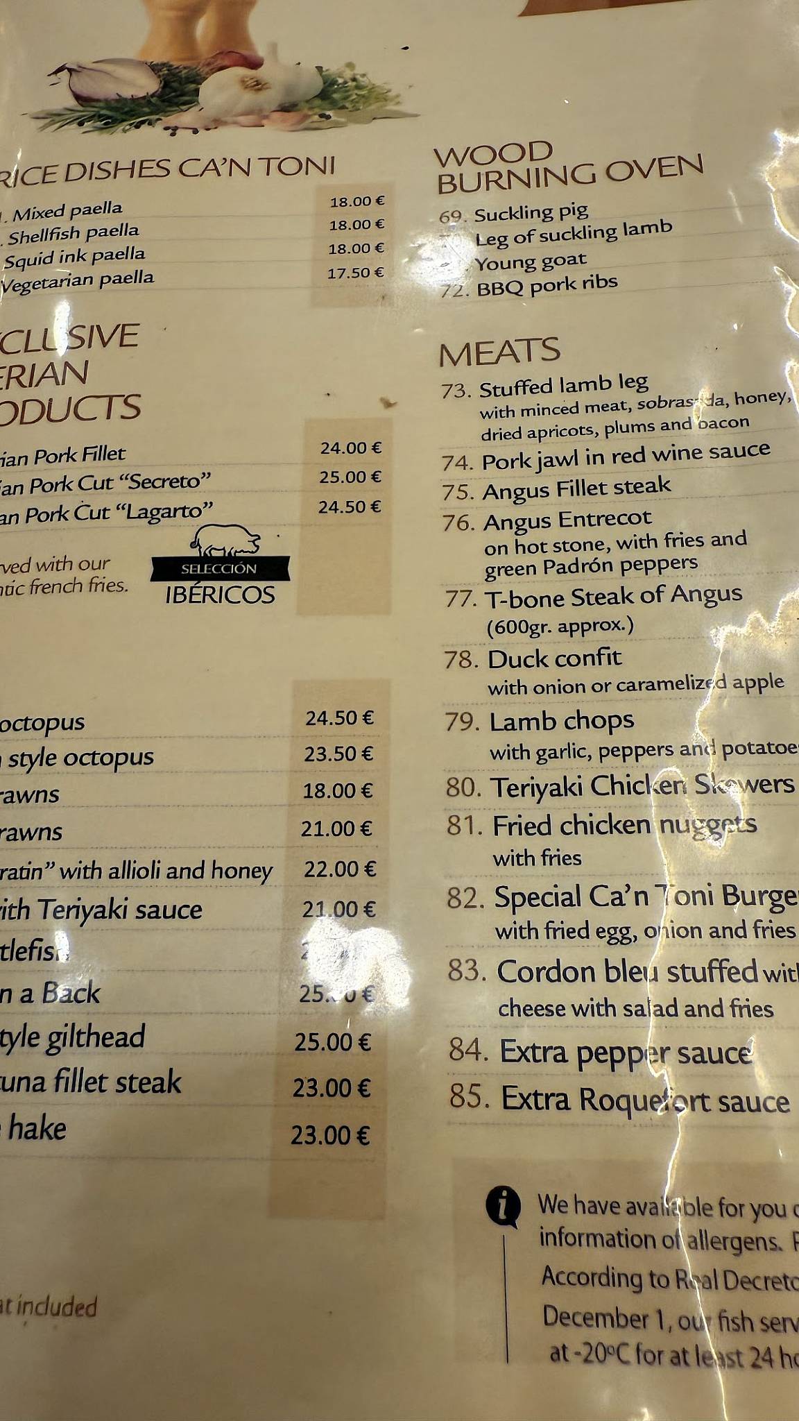 Menu at Cafe Ca'n Toni, Palma, Costa de Santa Creu