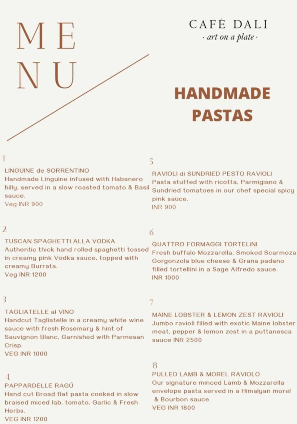 Menu at Café Dali, New Delhi