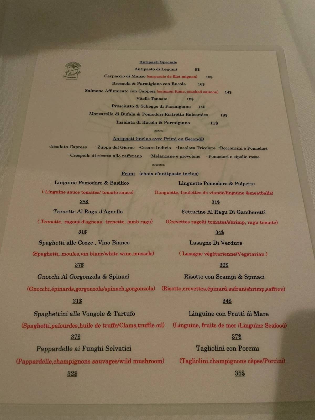 Menu au Café Il Cortile, Montréal