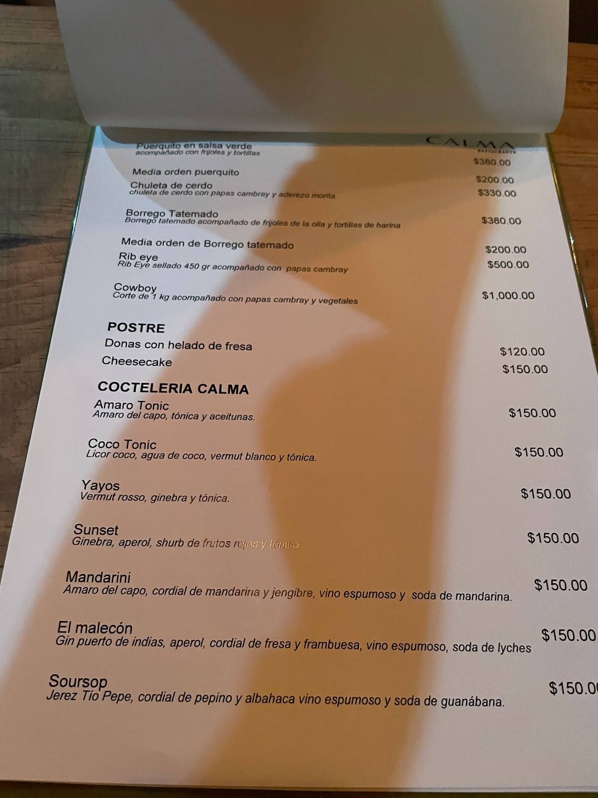 Menu at Calma restaurant, Ensenada
