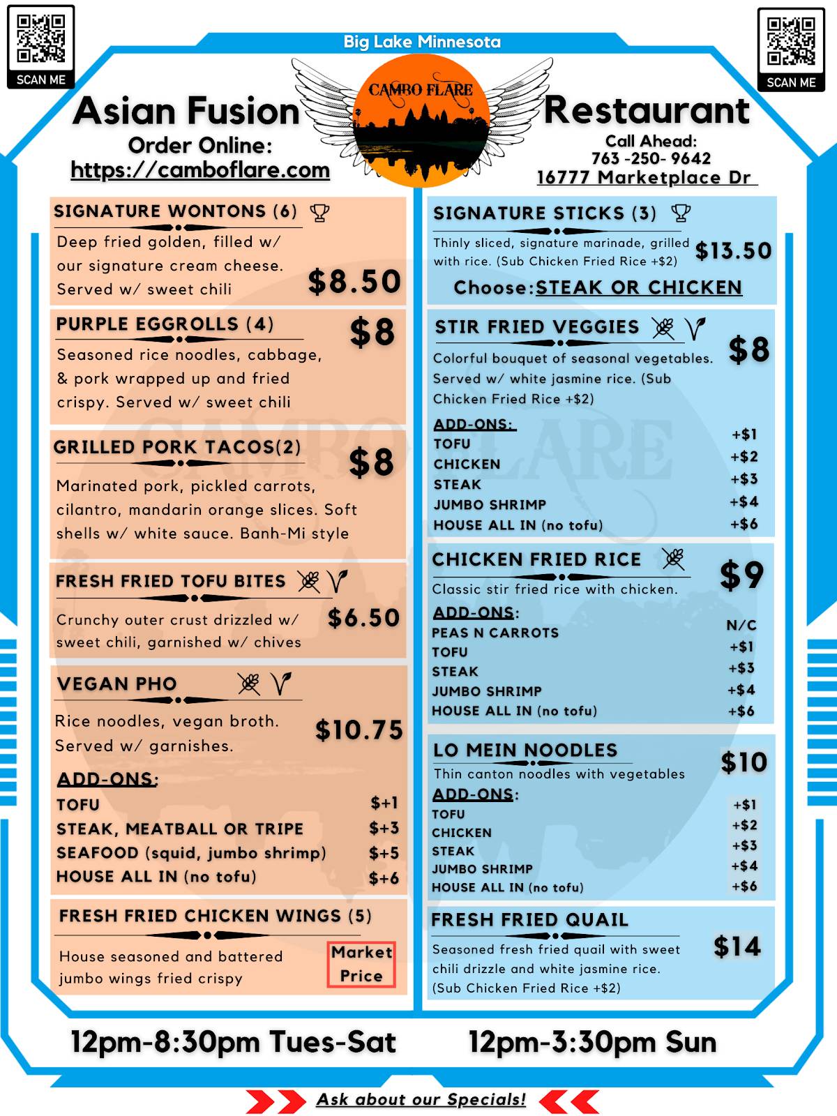 Menu at Cambo Flare restaurant, Big Lake