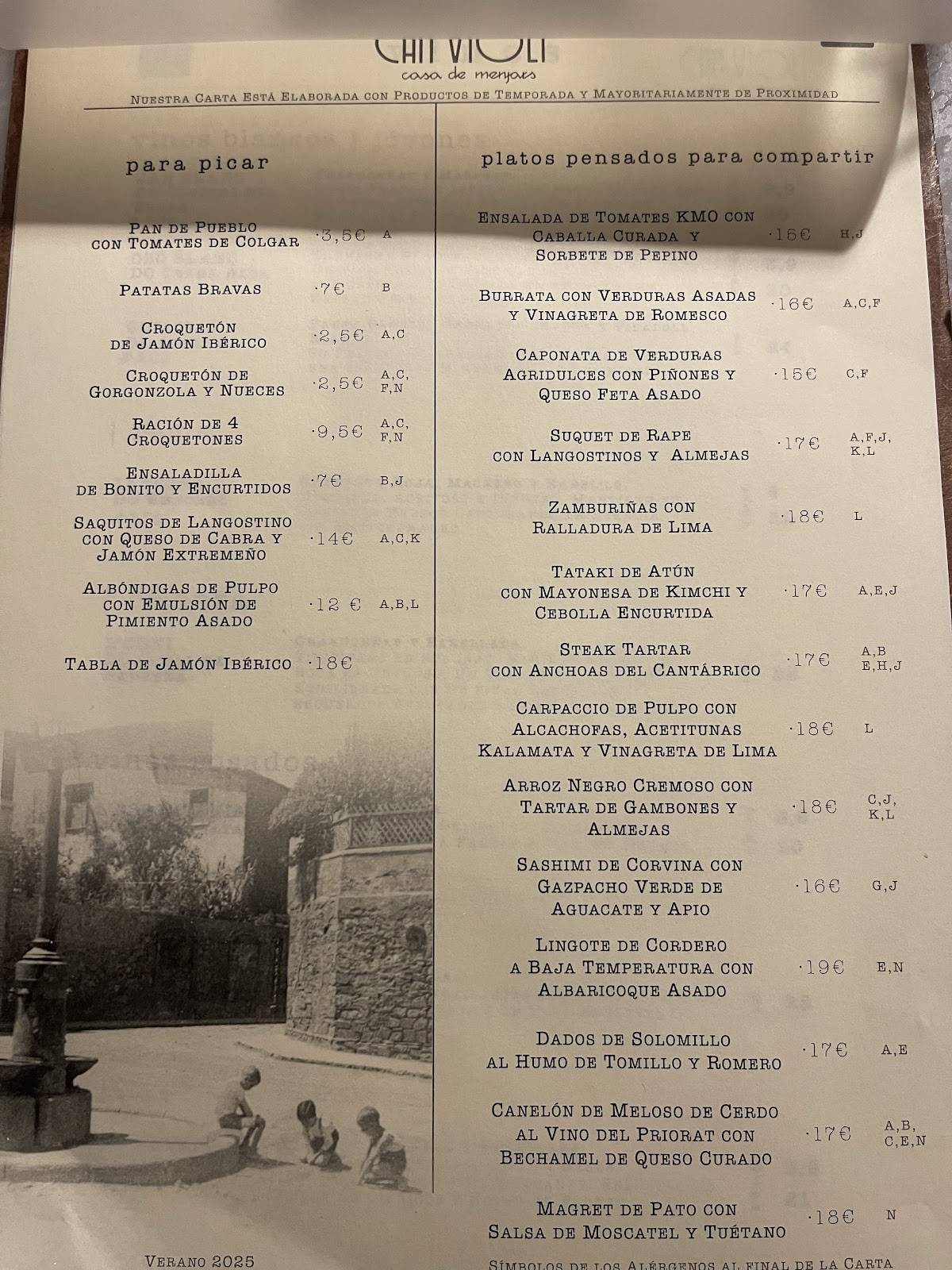 Carta del restaurante Can Violí, Barcelona