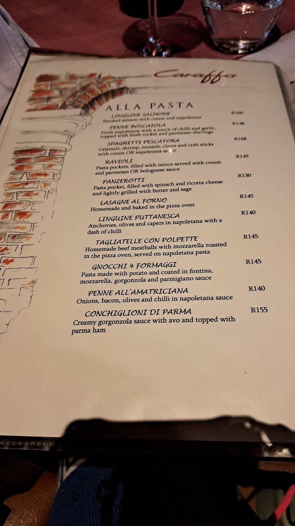 Menu at Caraffa Restaurant, Pretoria