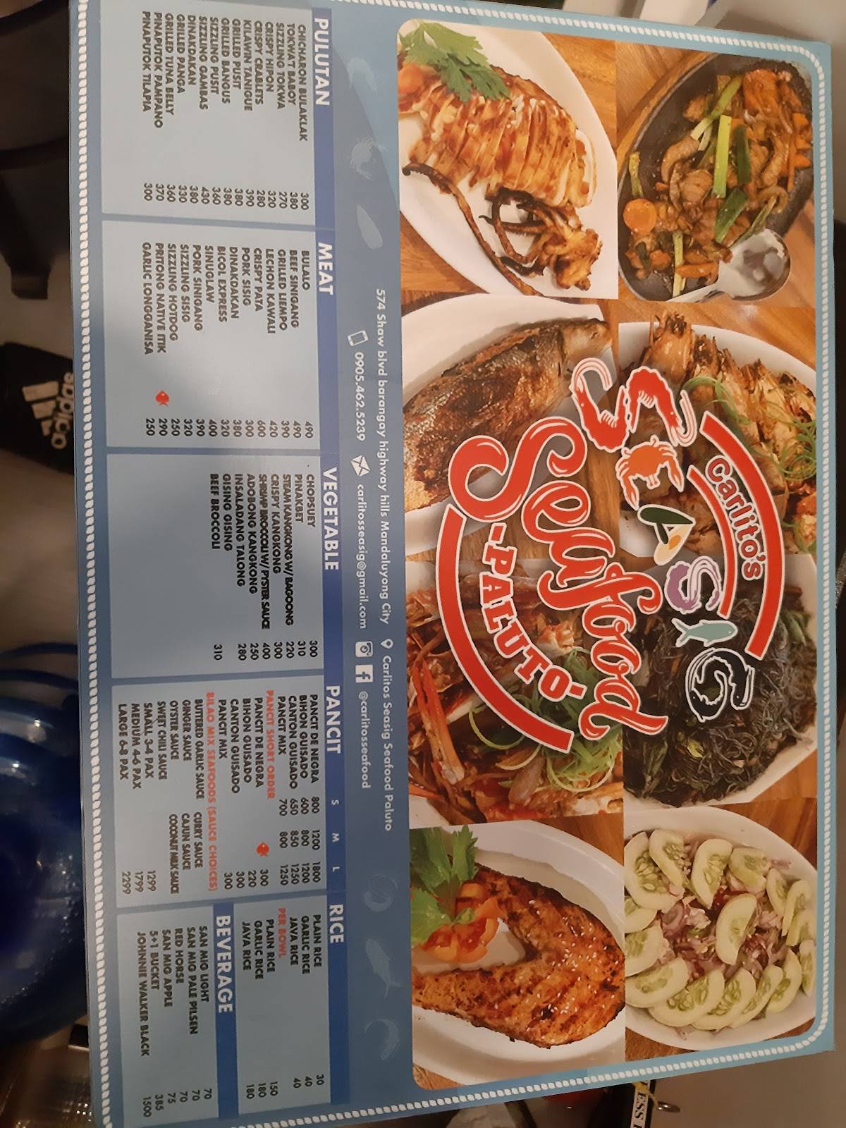 Menu at Carlito's Seasig Seafood Paluto restaurant, Mandaluyong, barangay